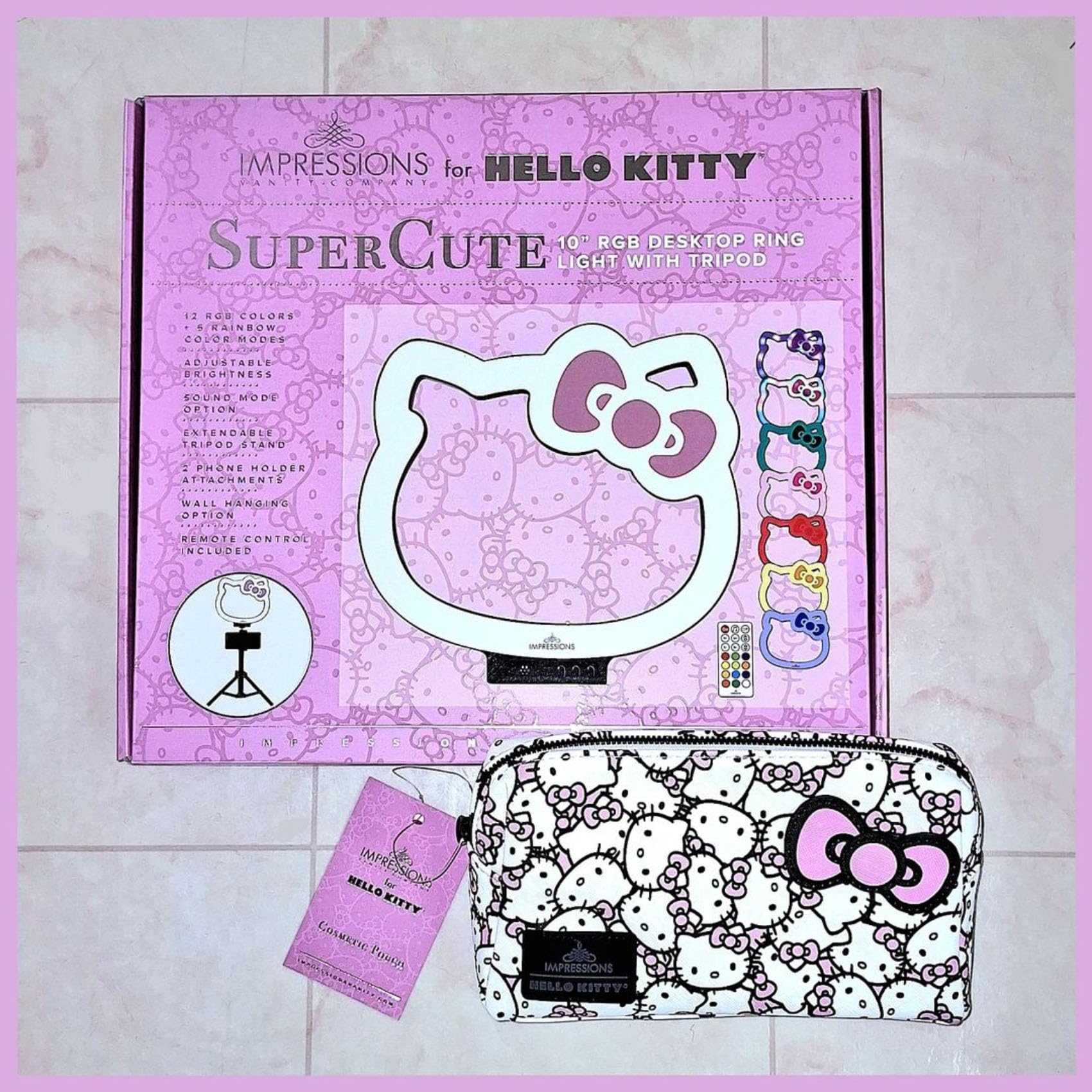 Impressions Vanity Hello Kitty Cosmetic Pouch with Waterproof Faux Leather, Zippered Bag For Travel Size Toiletries, Makeup Bag Organizer With Inside Pocket With Extra Slip Pocket (White/Pink)