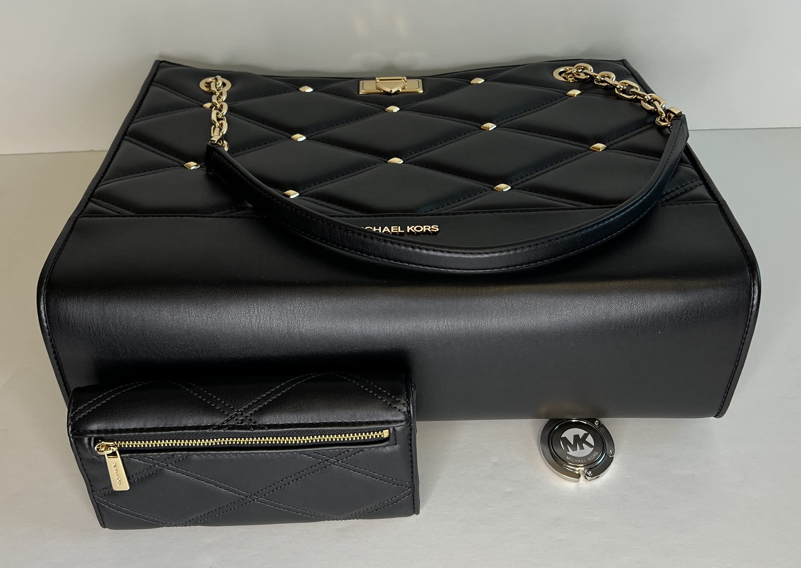 Michael Kors Serena LG EW Chain Shoulder Tote bundled with Trifold Wallet and Purse Hook (Black)