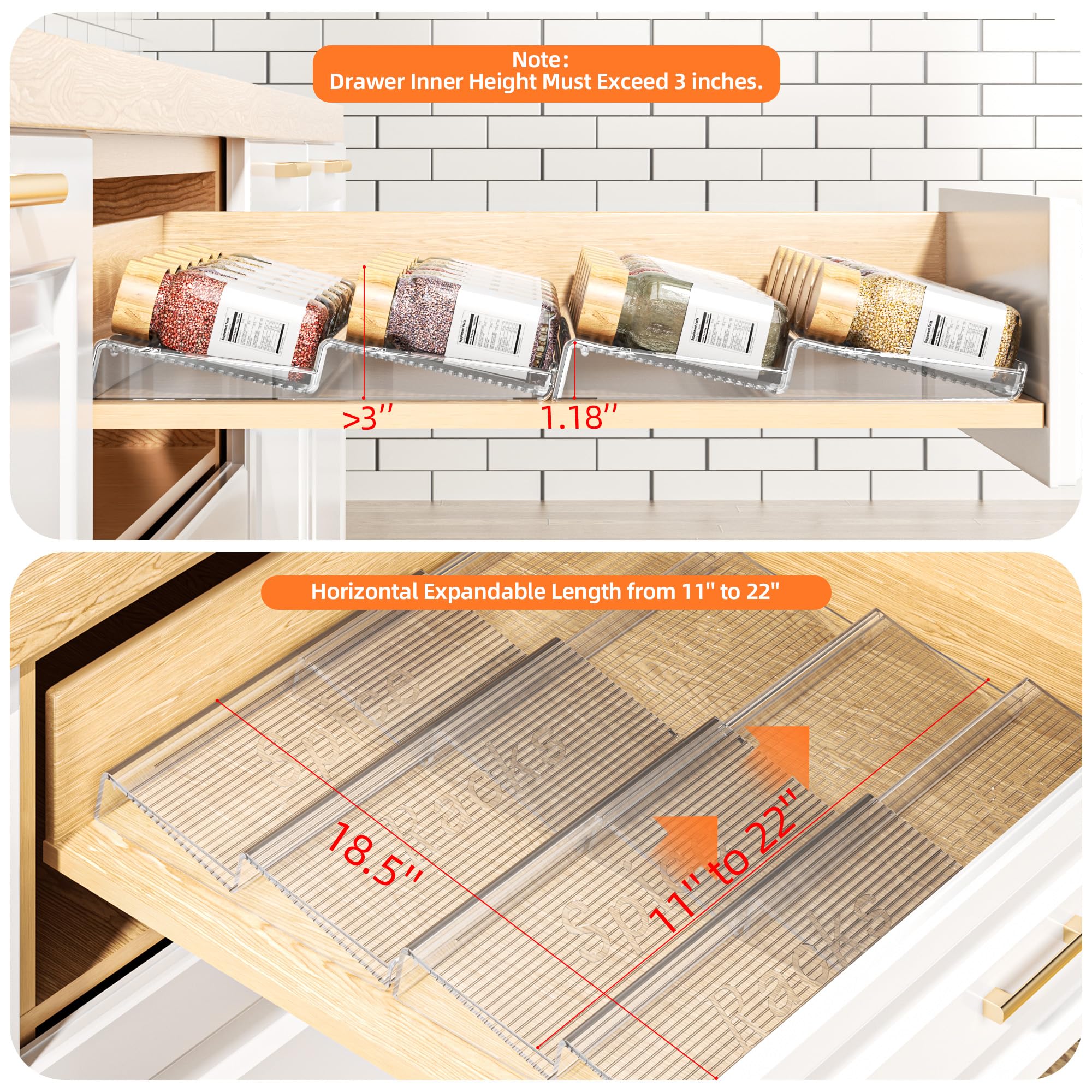 PanPanPal Spice Drawer Organizer, 4 Tier- 4 Pack Clear Acrylic Drawer Seasoning Organizer, Expandable From 11'' to 22'' Kitchen Spice Rack Organizers and Storage for Drawer (Jars not included)