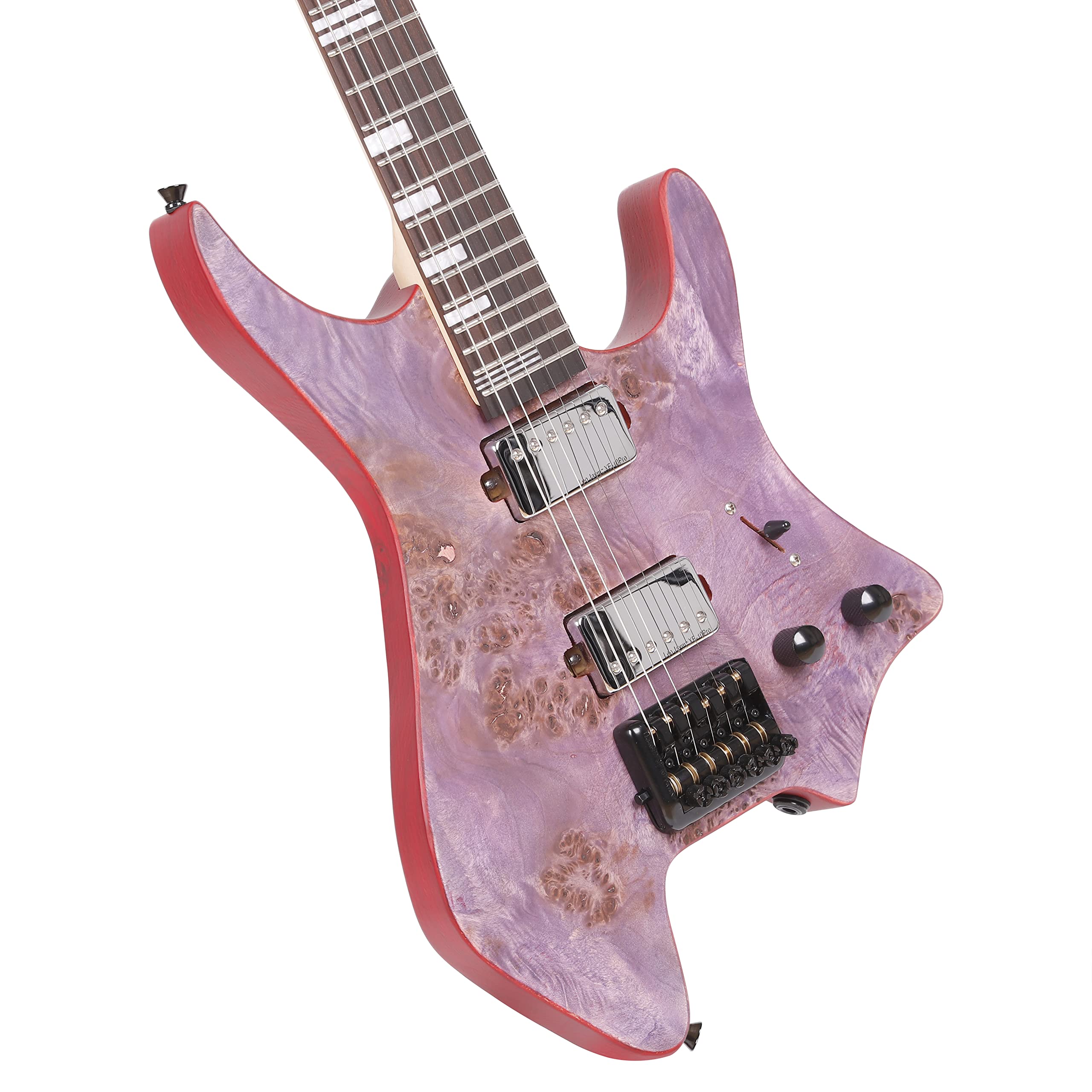 Leo Jaymz 6 Strings Headless Electric Guitar - Full Scale Travel Guitar - Mahogany Body and 5 piece Maple Neck - Burl Veneer,rounded end frets,Customized Pickups (Purple)