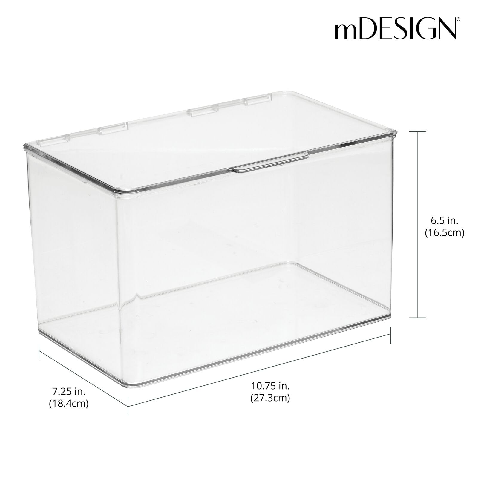 mDesign Plastic Kitchen Pantry and Fridge Storage Organizer Box Containers with Hinged Lid for Shelves or Cabinets, Holds Food, Snacks, Canned Drinks, Seasoning, Lumiere Collection, 2 Pack, Clear