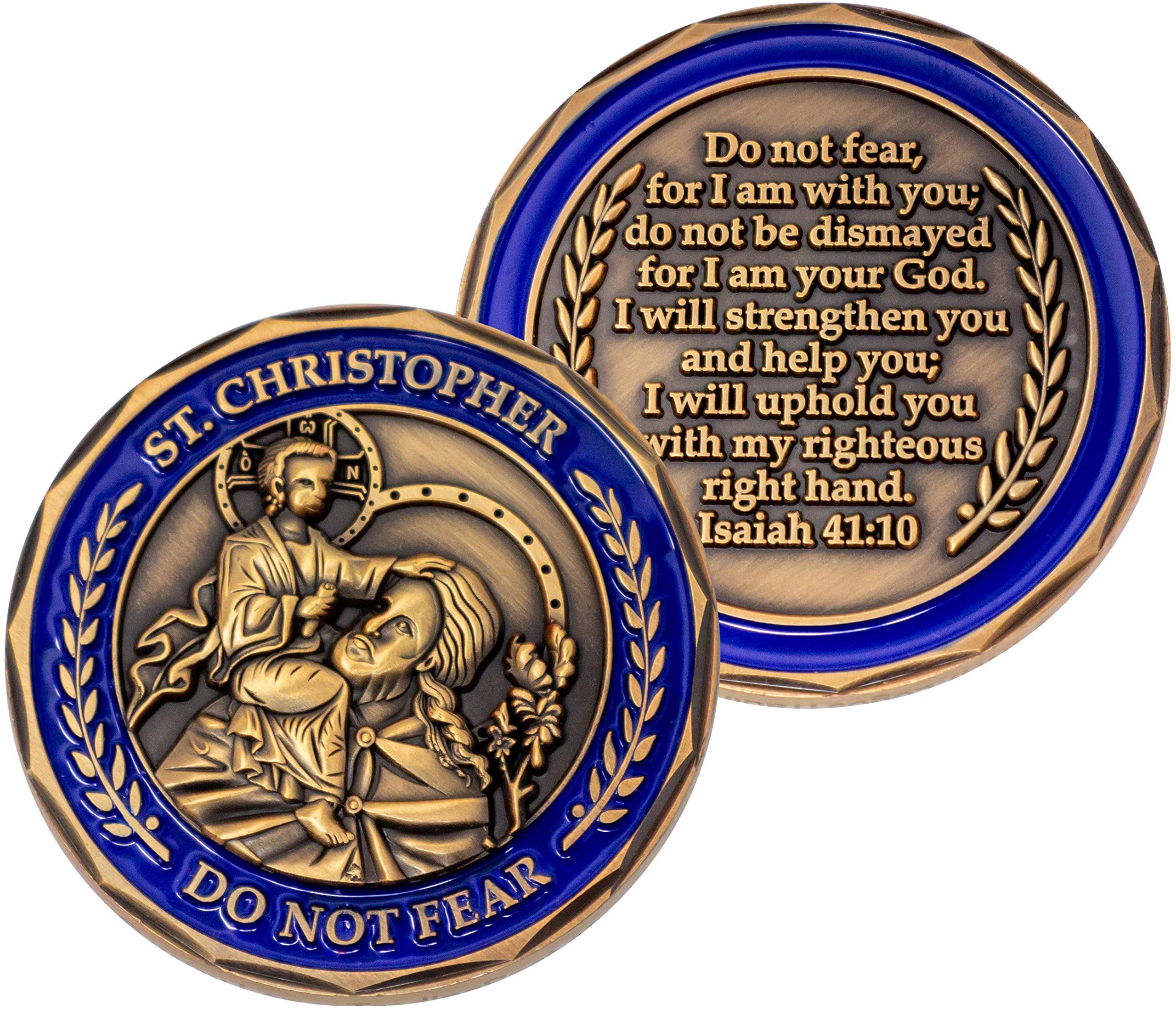 Saint Christopher, Do Not Fear, Protection Catholic Challenge Coin. Do not be Afraid, Do Not Be Dismayed for I am Your God, I Will Strengthen You & Help You. Antique Gold-Color Plated Travel Coin