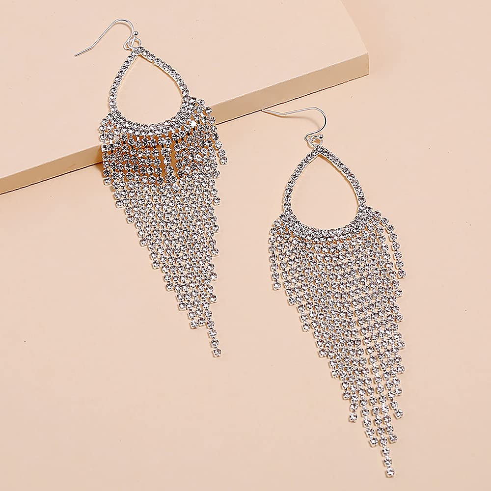 Luxuary CZ Fringe Drop Statement Earrings for Women Cubic Zirconia Tassel Crystal Chain Dangle Hook Stud Earring Elegant Wedding Birthday Party Prom Mother's Day Christmas Jewelry