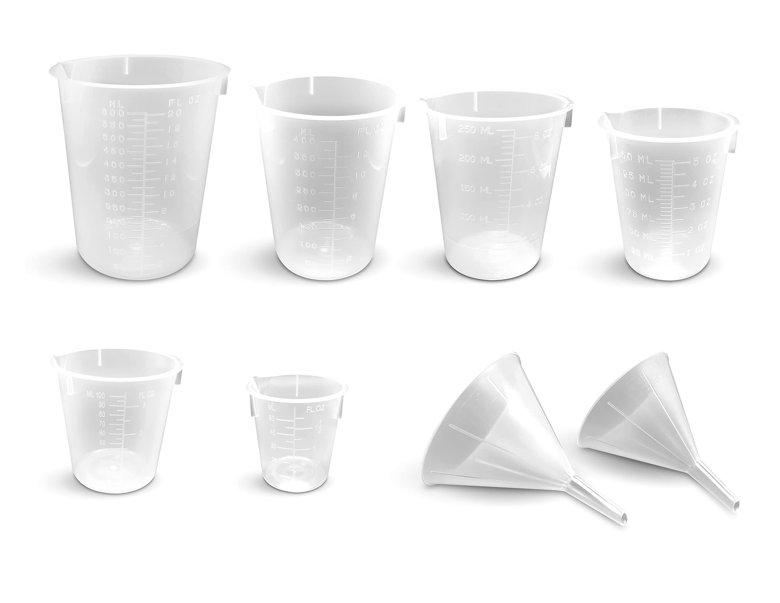 Plastic Beaker and Funnel Set of 8, Graduated Polypropylene Beakers in 600ml, 400ml, 250ml, 150ml, 100ml, 50ml & Funnels in 67mm and 58mm. Ideal for Laboratory, School or at Home.