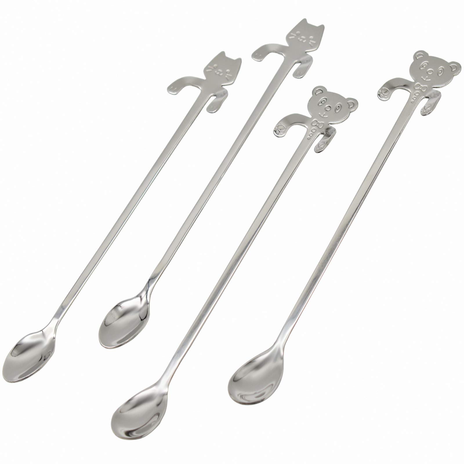 Maydahui 4PCS Cat Spoon Bear Coffee Tea Spoon Long Handle 7.8 inch 18/10(304)Stainless Steel Hanging Coffe Mixing Cocktail Stirring Animal Spoons Scoops for Mug