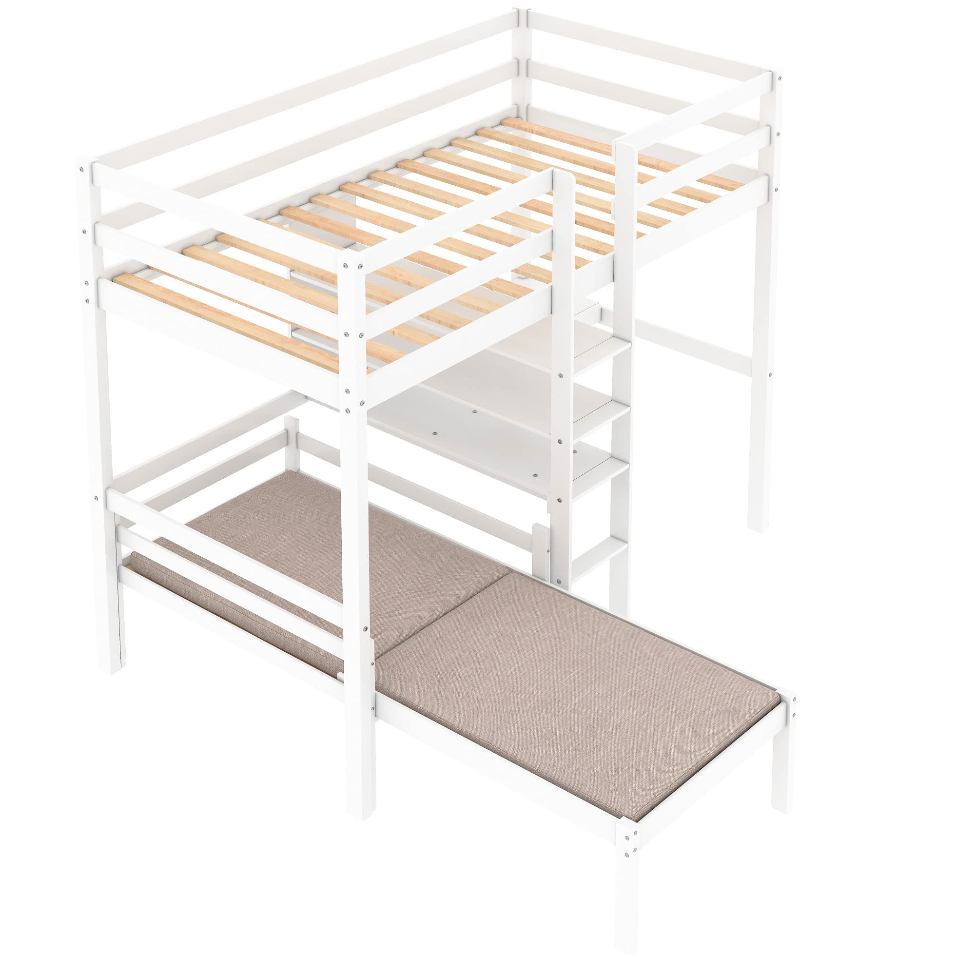 Harper & Bright Designs Twin Loft Bed with L-Shape Desk, Convertible Twin Bunk Bed with Shelves and Ladder, for Kids Teens Adults (White)