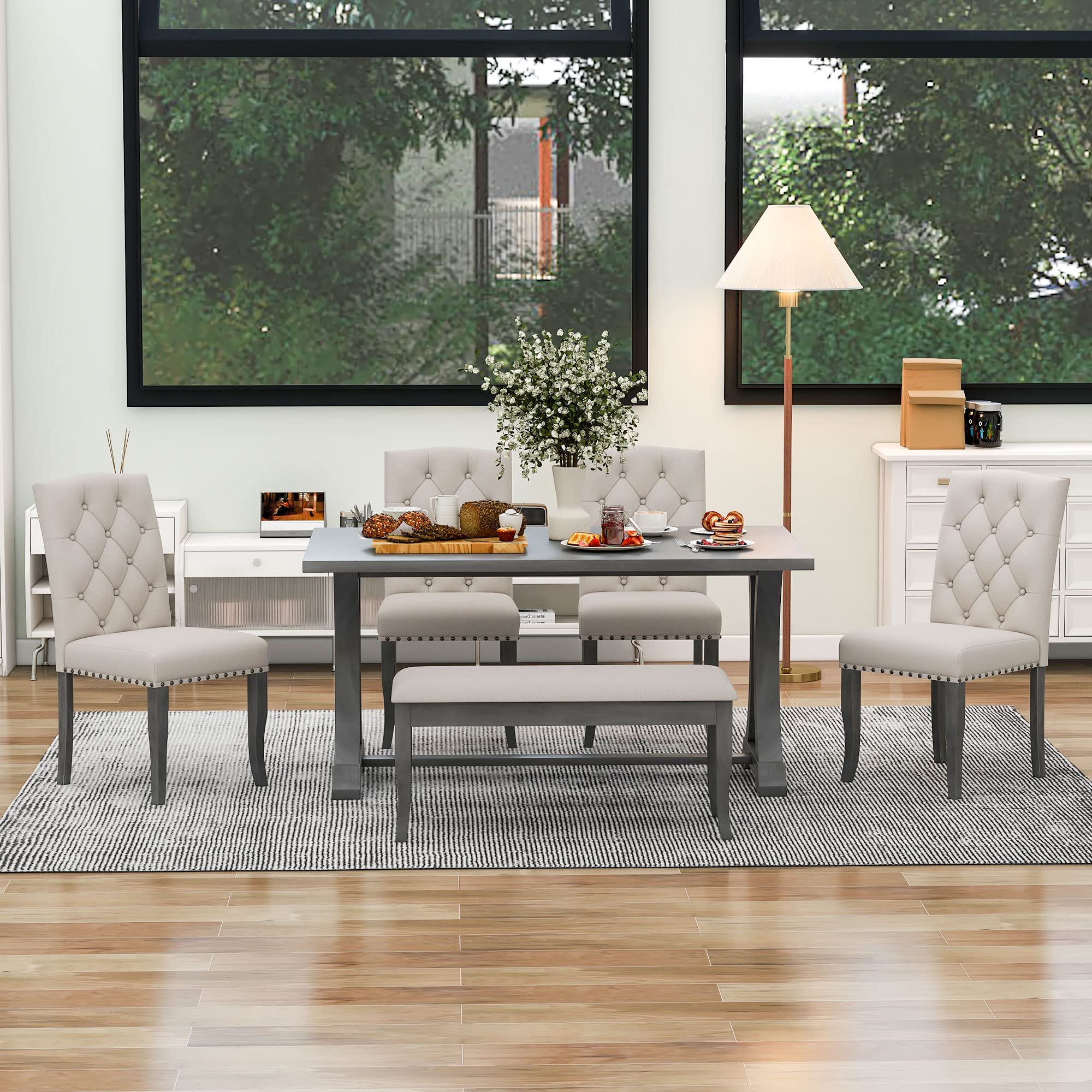 Harper & Bright Designs Classic and Traditional Style 6 - Piece Dining Set, Includes Dining Table, 4 Upholstered Chairs & Bench (White+Gray) (White+Gray) (White1)