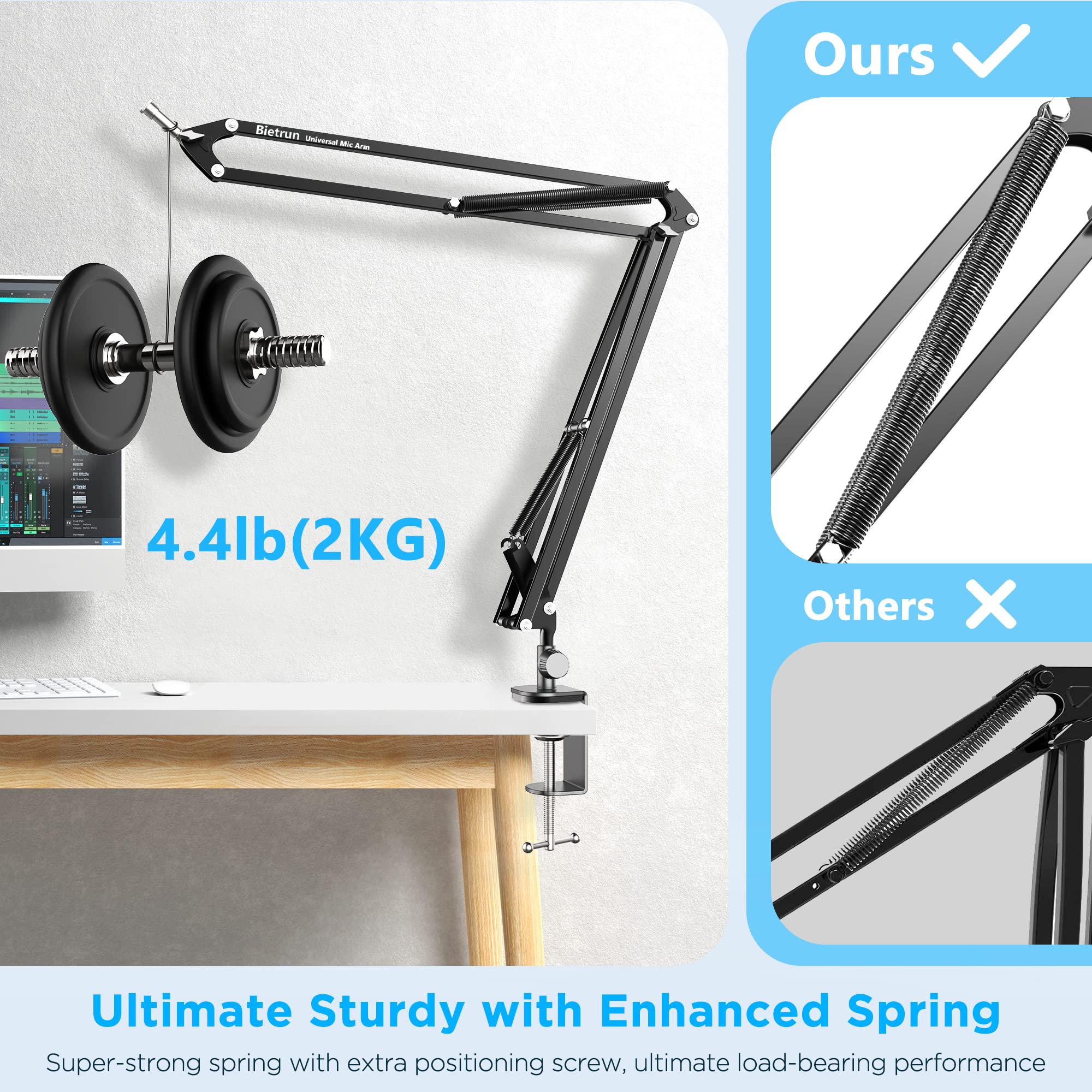 Mic Arm Desk Mount for HyperX QuadCast,Blue Yeti,Shure Sm7b,Boom Arm Mic Stand 360°Rotable with 3/8" to 5/8" Adapter,Mic Clip,2.5" Clamp for Handheld Mics,Podcast,Gaming,Recording,Large