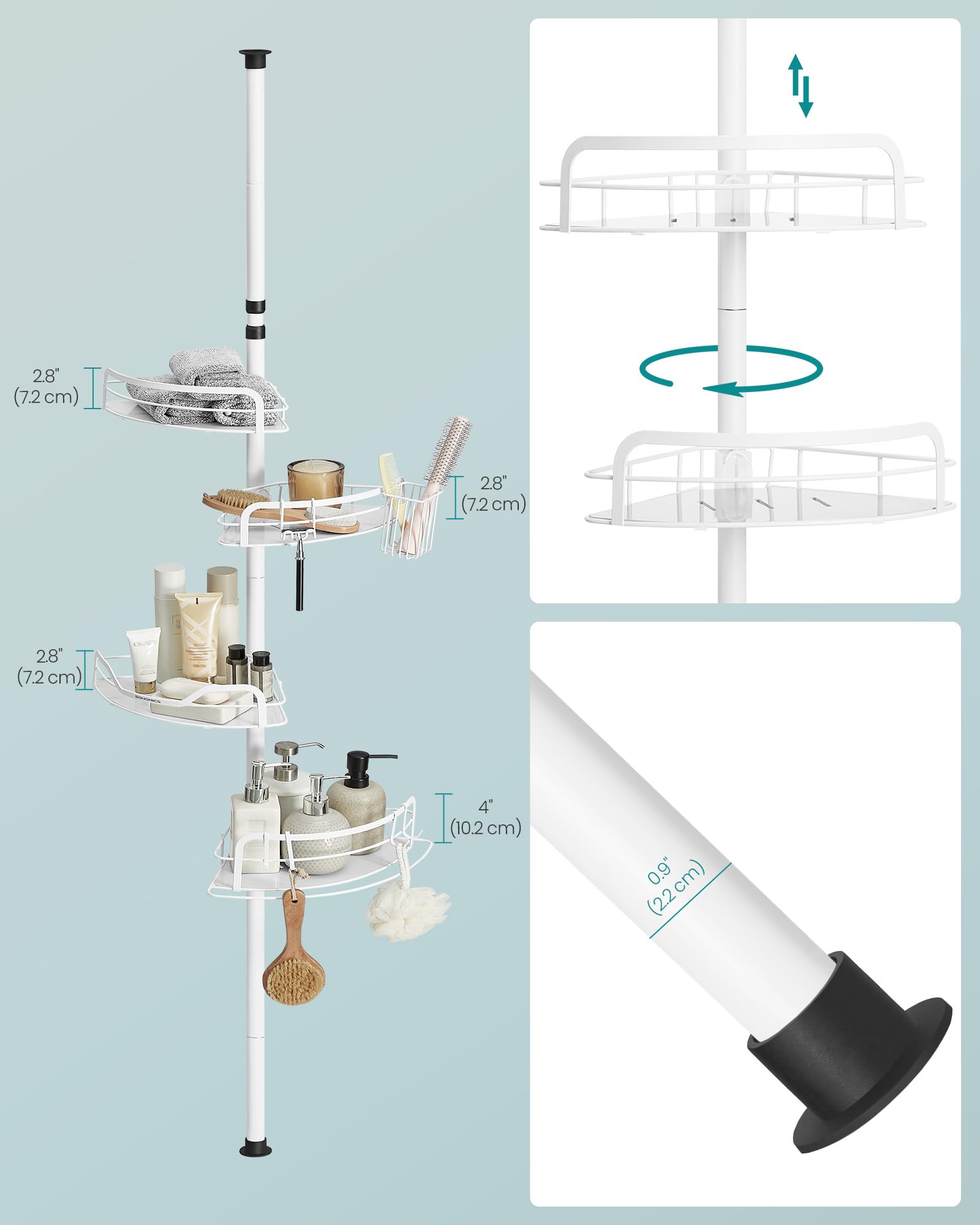 SONGMICS Corner Shower Caddy Tension Pole, 4-Tier Rust-Resistant Shower Organizer, Shower Shelf, No Drilling, 31.5 to 127.2 Inches, Height Adjustable Shelves, for Bathroom, Cloud White UBCB003W01