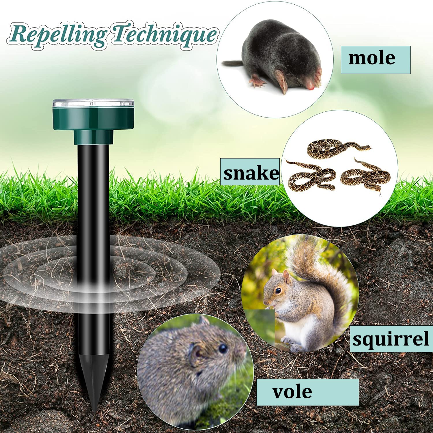 Mole Repellent Snake Repellent Solar Powered 10 Pack Sonic Mole Deterrent Spikes, Snake Gopher Vole Repellent, Groundhog Chipmunk Gopher Deterrent Repellent for Yard&Garden&Lawn