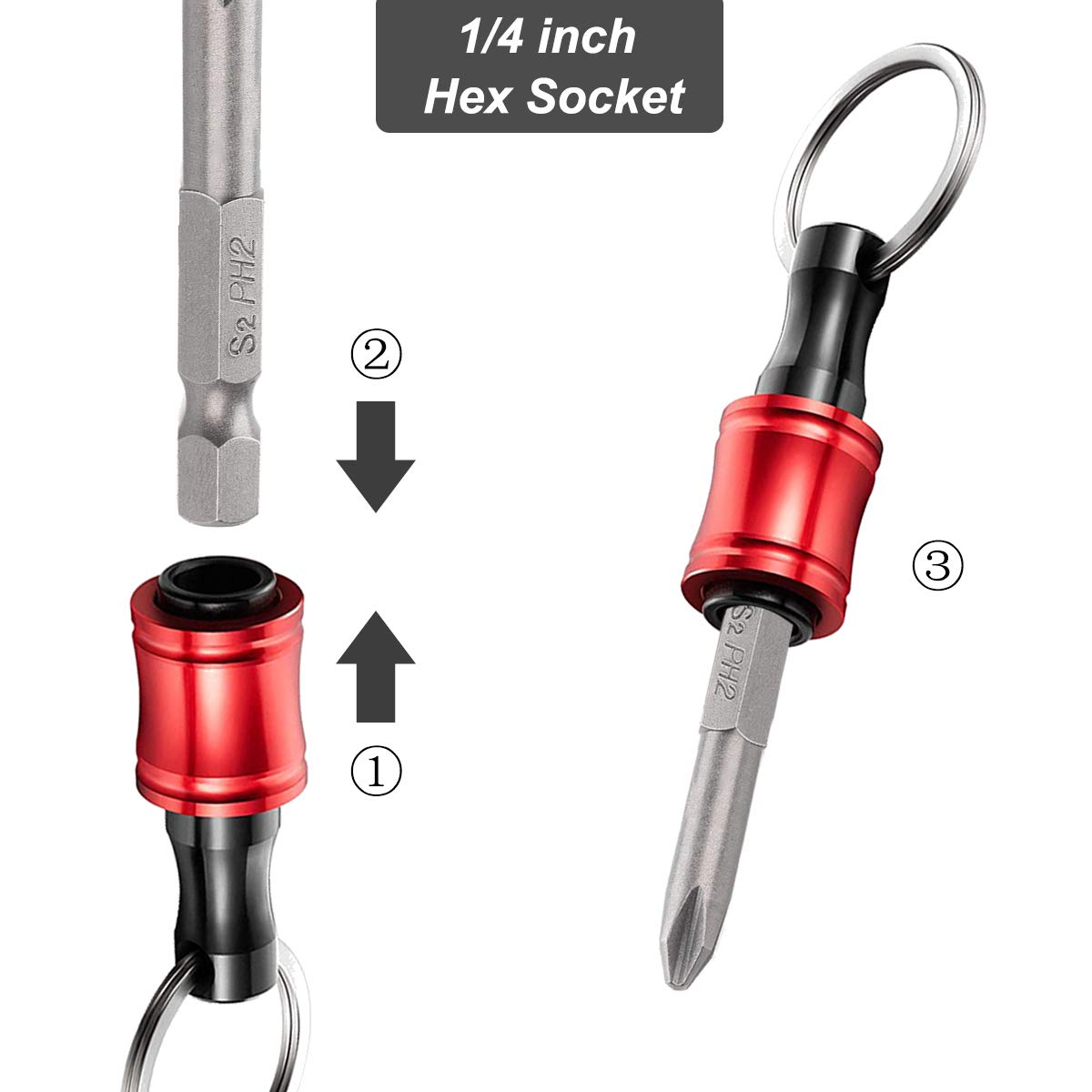 Saipe 6PCS Keychain Extension Bar Aluminum Alloy Screwdriver Bits Holder Set Portable Drill Screw Adapter Quick Release Extension Bar for 1/4inch Hex Shank