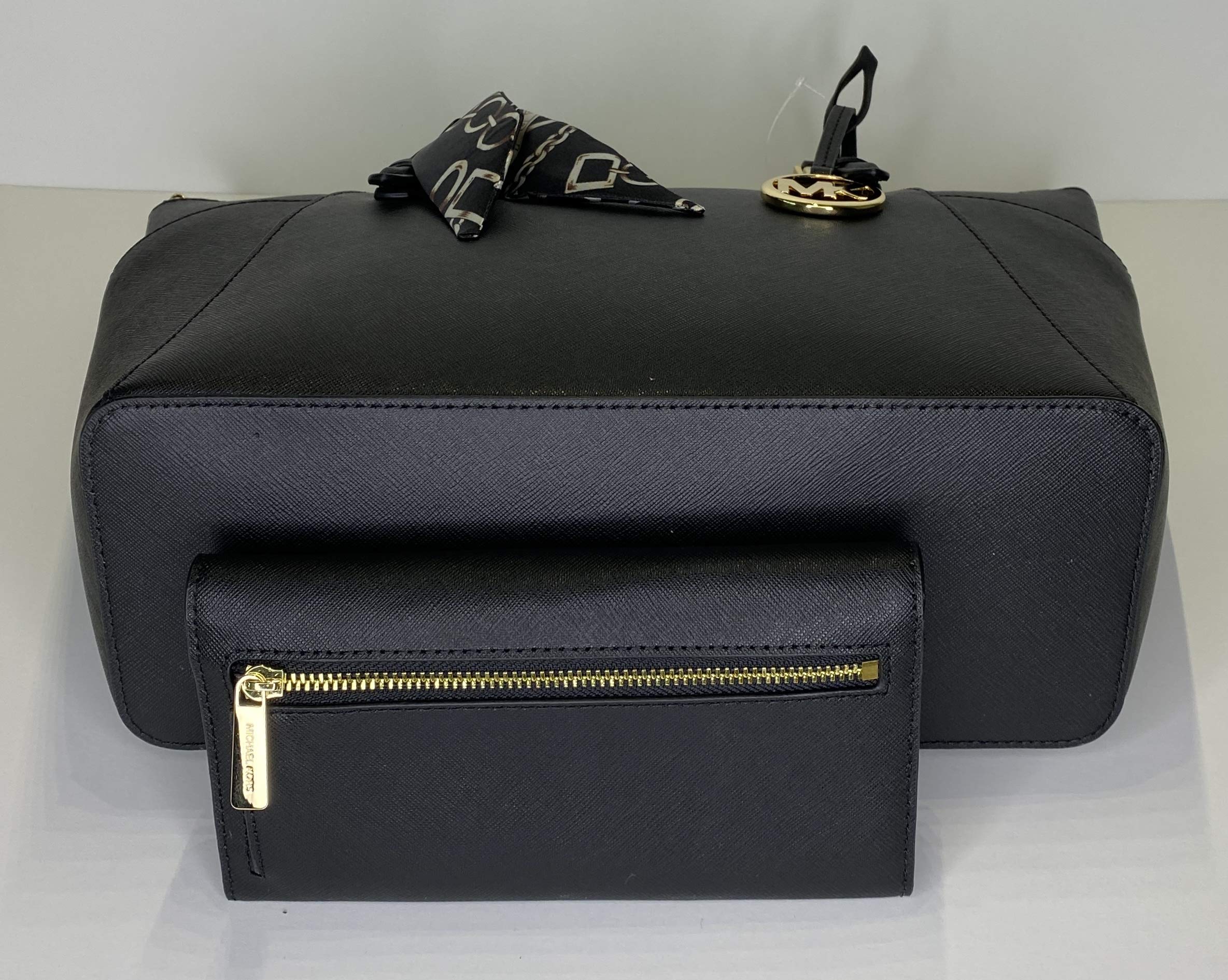 Michael Kors Charlotte Large Zip Tote bundled with matching Trifold Wallet Purse Hook (Signature MK Vanilla/Pink)