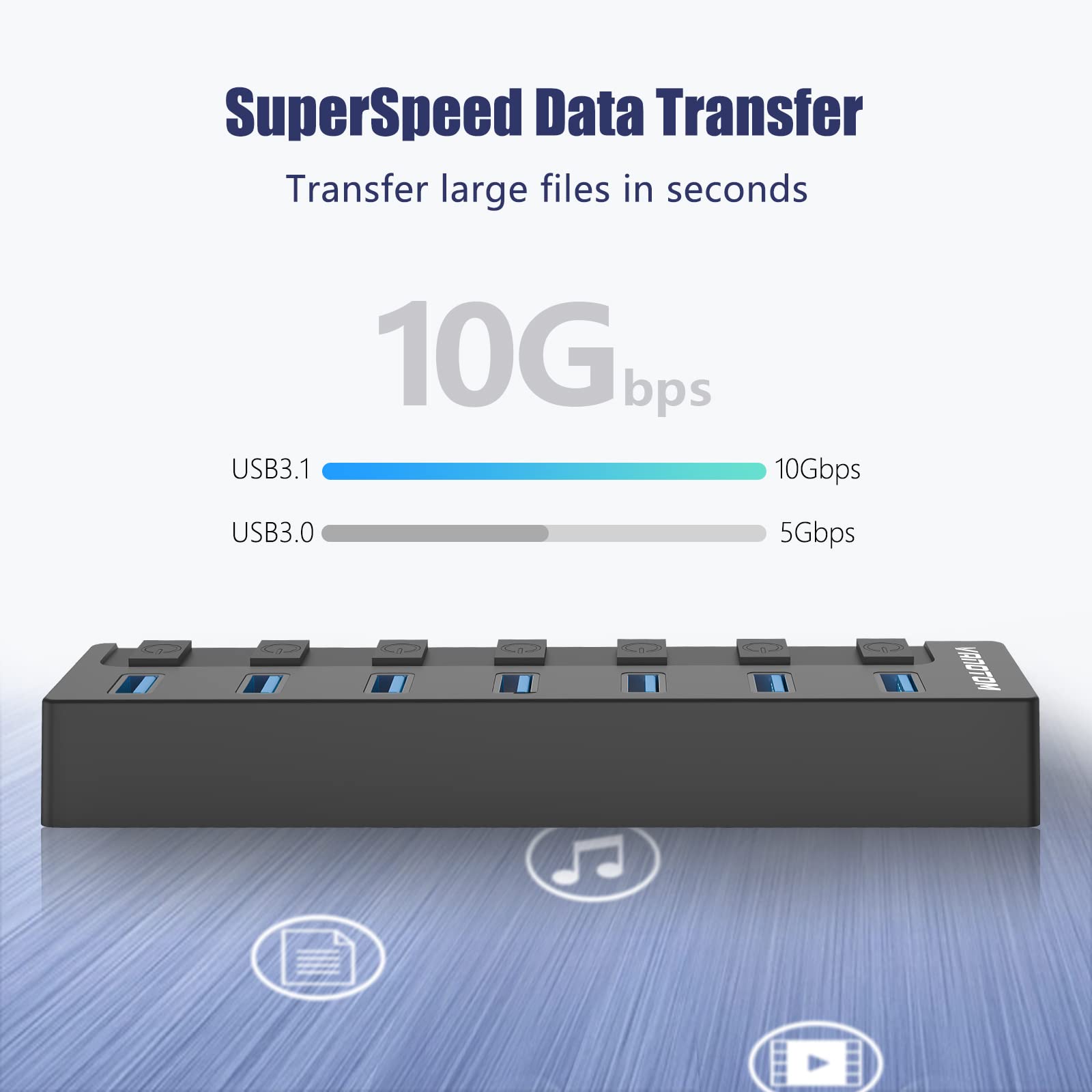 Powered USB 3.1/3.2 Hub, VANOTOM 7-Port Charging USB 3.1/3.2 Gen 2 Hub, Superspeed USB Splitter up to 10Gbps with Power Adapter and Individual On/Off Switches for PC and Laptop