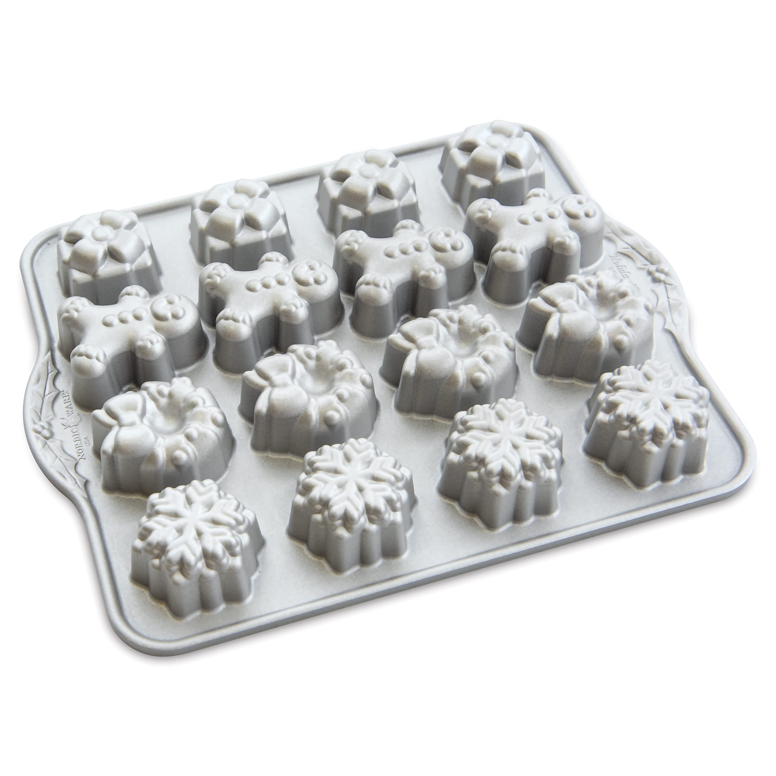 Nordic Ware Holiday Mini Loaves Pan & 93748 Holiday Teacakes Cast Cakelet Pan, 3 Cup Capacity, Silver