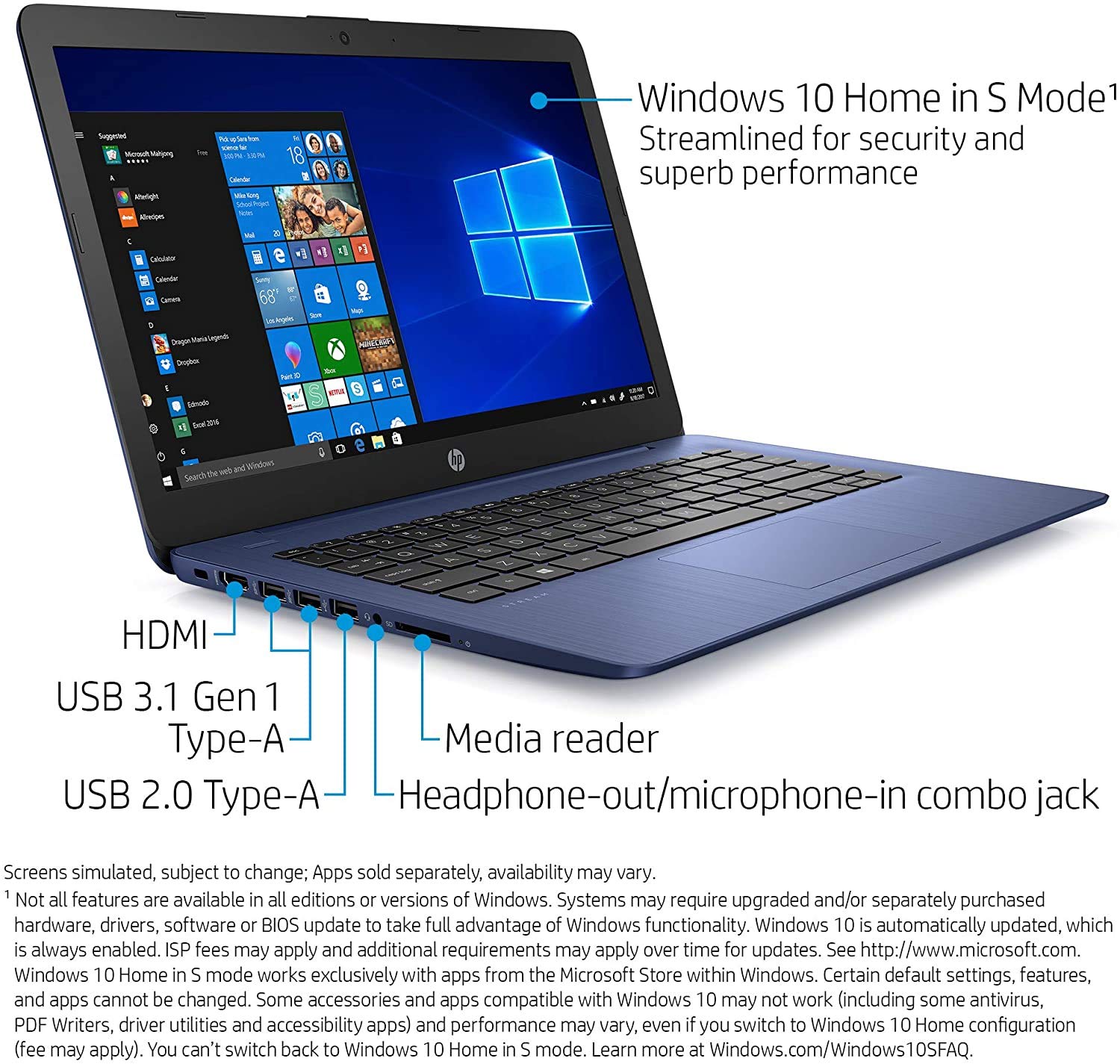 HP Stream Laptop 14-ds0010ds 14" AMD A6-9220e AMD Radeon R4 Graphics 4 GB RAM 64 GB eMMC W10 Home in S Mode BT Webcam Blue(Renewed)