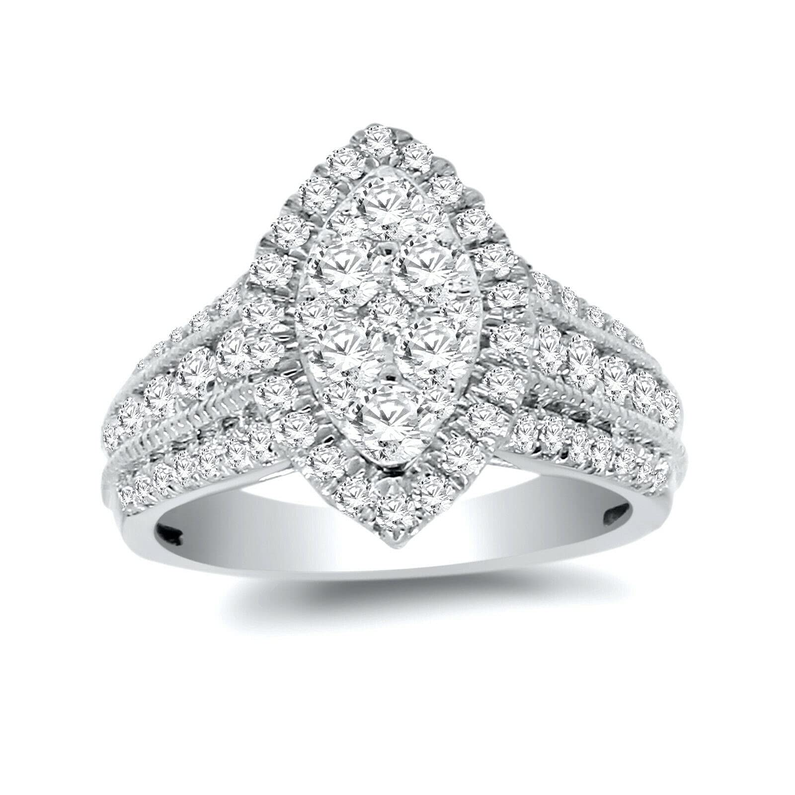 Palaksh Round Cut White Diamond 925 Sterling Silver 14K White Gold Finish Diamond Cluster Marquise Shaped Engagement Ring for Women's