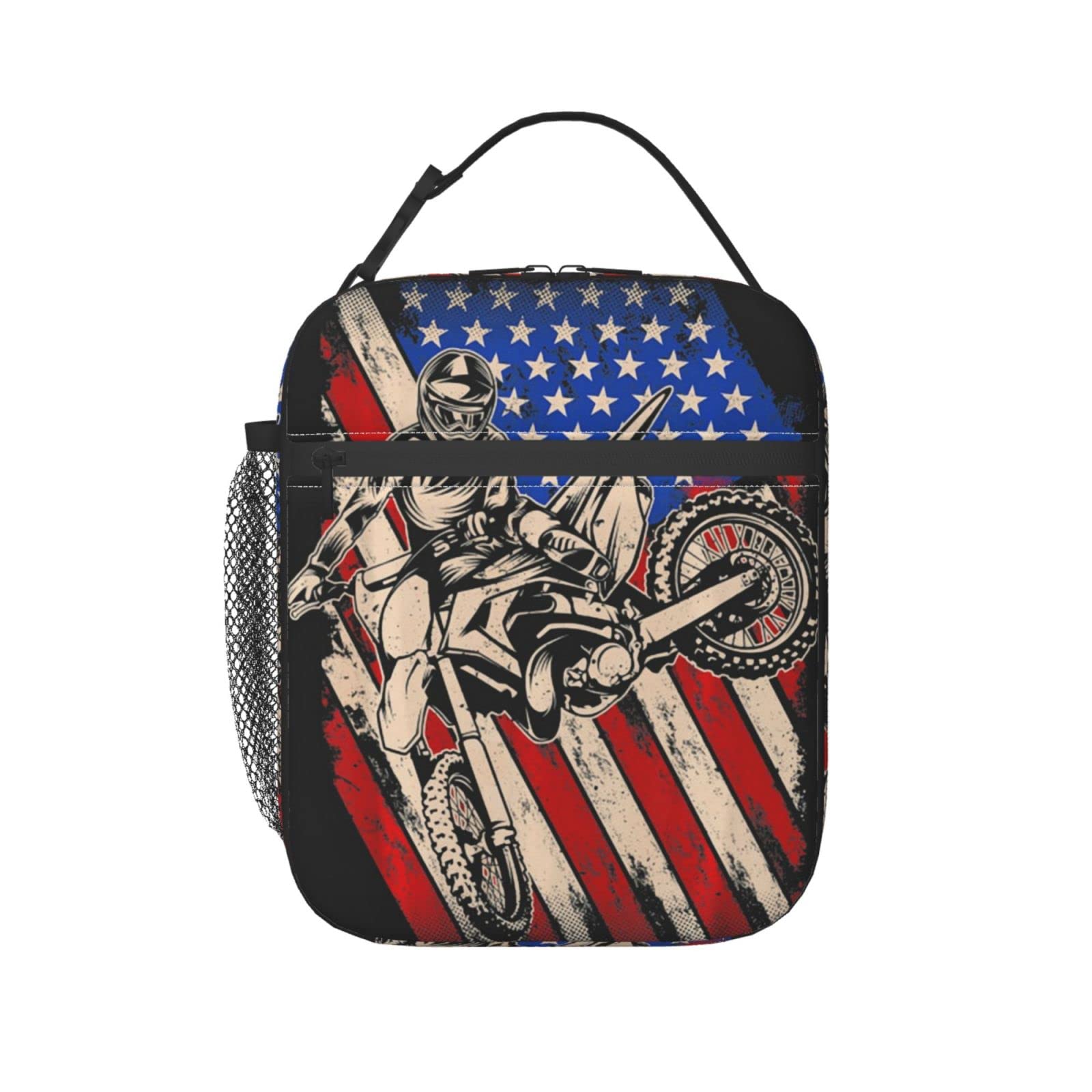 oumghxf Dirt Bike Motocross American Flag Lunch Bag Women/Men,Reusable Lunch Box For Men,Insulated Lunch Cooler Bag For Adults Kids
