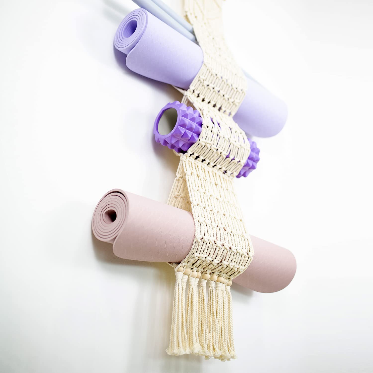 Macrame Yoga Mat Holder Wall Mount Yoga Mat Foam Roller Wall Hanging Rack for Yoga Mat Storage Organizer with 3 Sizes Easy Access Pocket Boho Gym Home Decor
