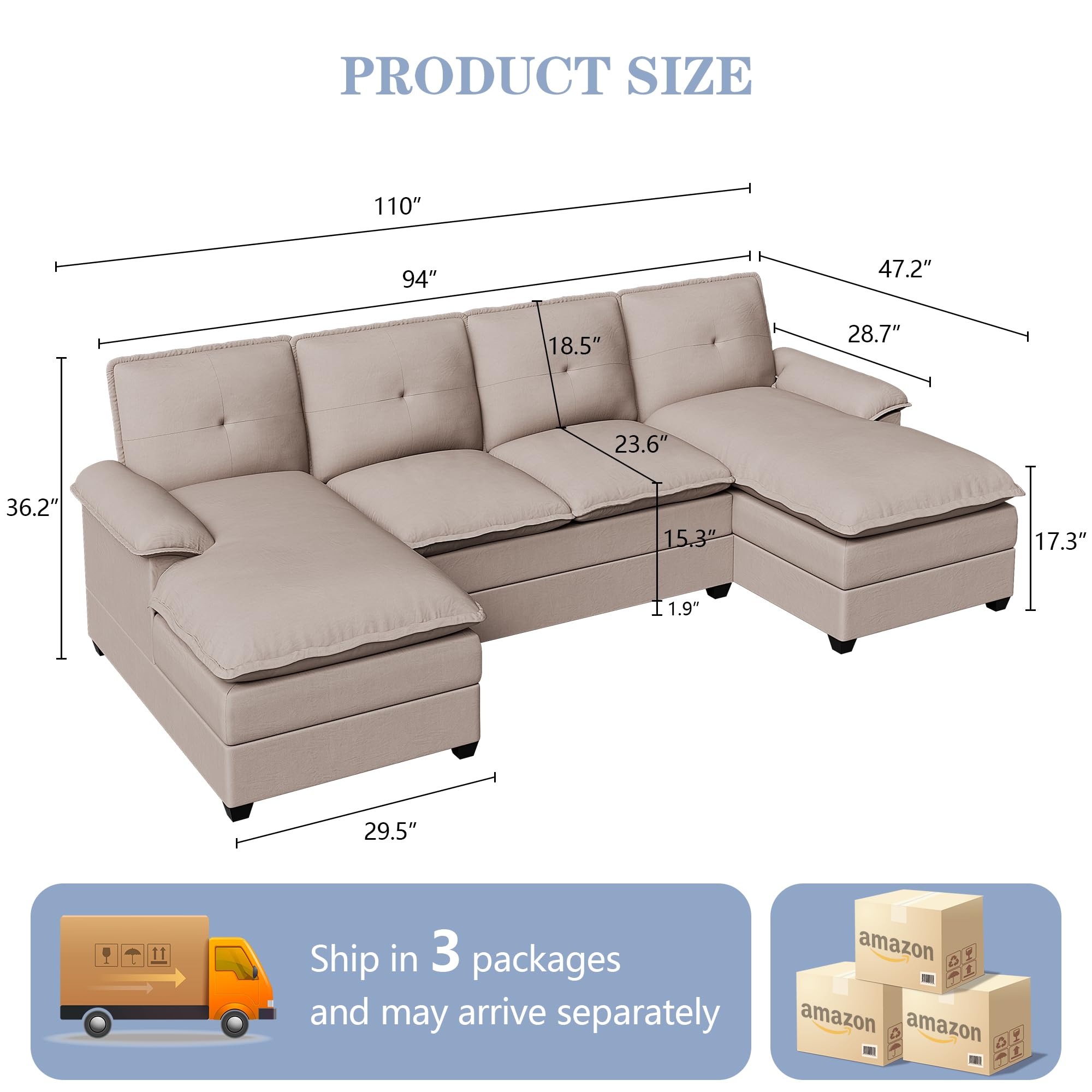 Shintenchi 110" Modular Sectional Couches for Living Room, U-Shaped Sofa Couch with Double Chaise, 4 Seat Sofa Sets with Thick Cushion & Soft Backrest, Beige