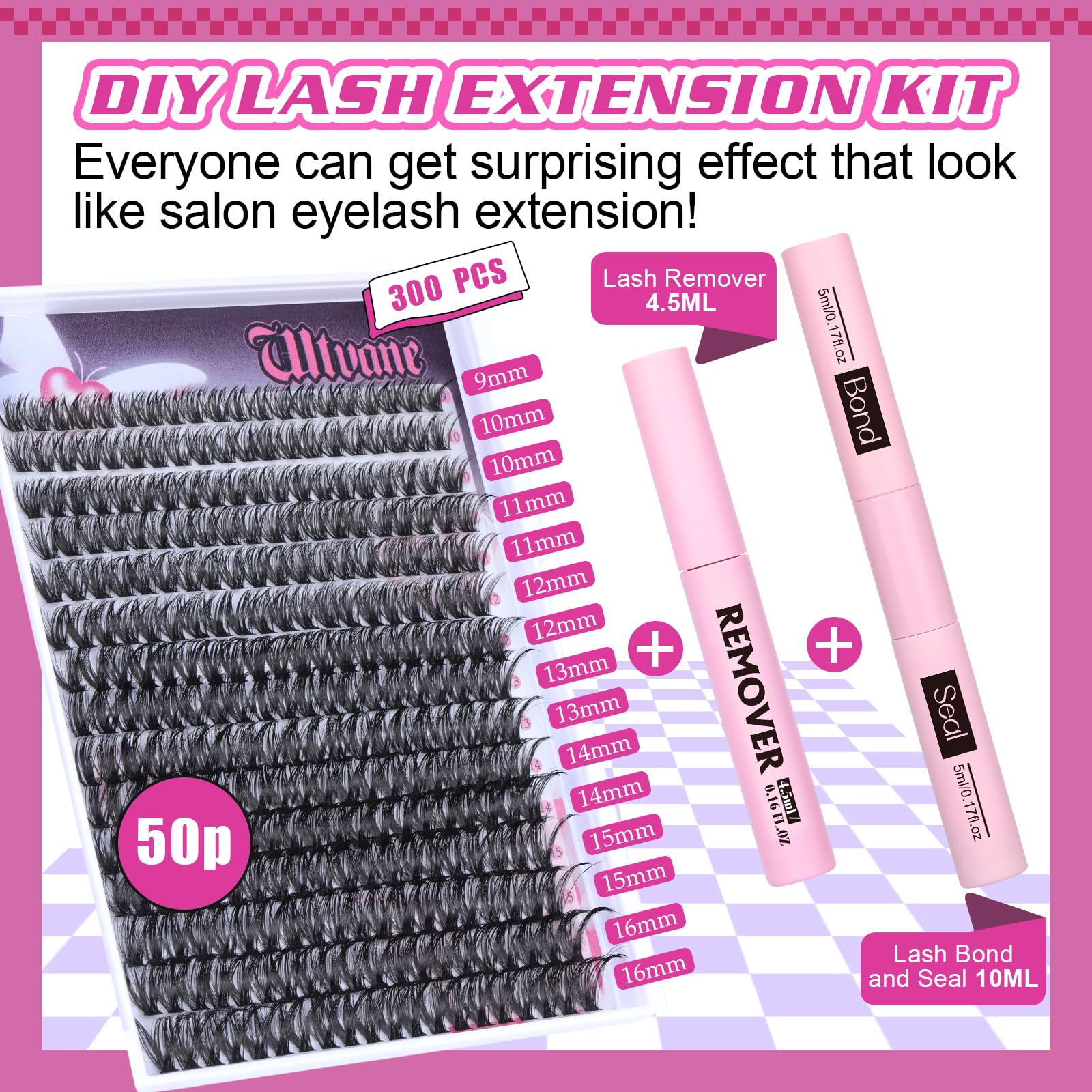 Lash Extension Kit 300PCS Lash Clusters Kit 50D Individual Lashes 9-16MM Cluster Eyelash Extensions Kit D Curl Eyelash Extension Kit with Bond and Seal and Lash Remover by wtvane (Kit-50D-9-16MIX)
