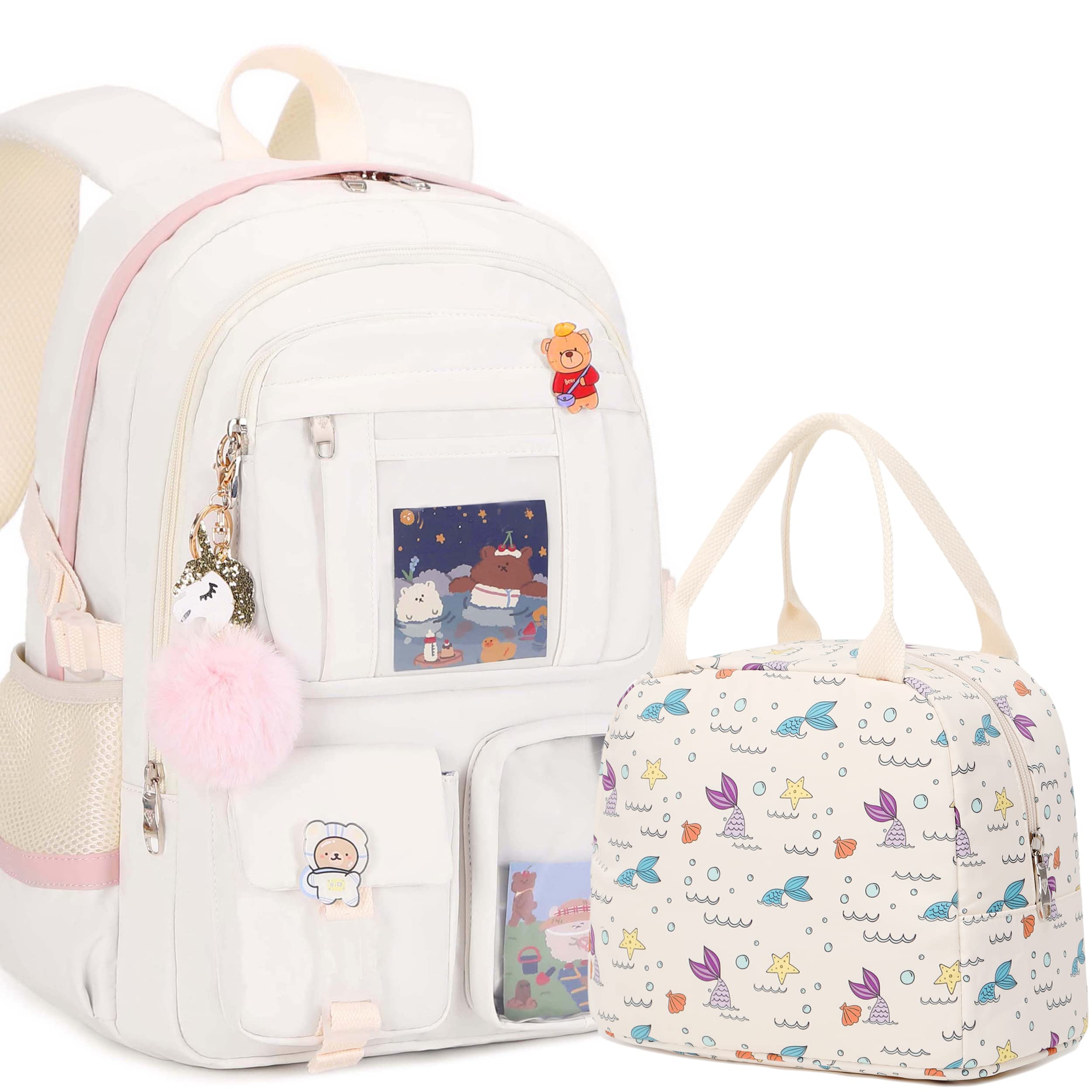 Laptop Backpacks 16 Inch School Bag with Lunch Box Set College Elementary Backpack Cute Lunch Bag Anti Theft Travel Daypack Large Bookbags for Teens Girls Women Kids Students (Beige-Mermaid)