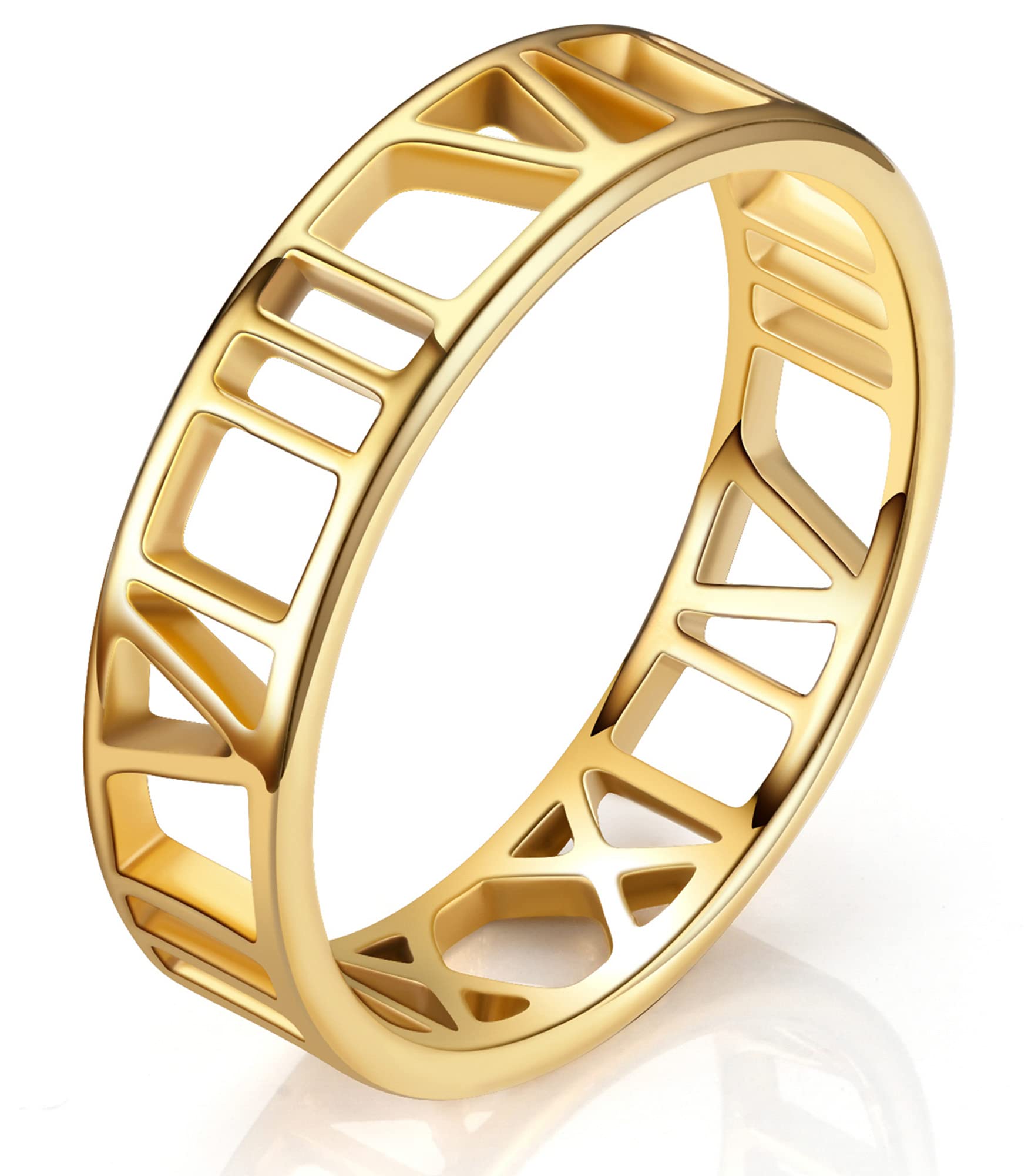 King Ring 6mm Roman Numeral Ring â Stainless Steel Delicate & Durable Ring Jewelry â Hollow Out Finger Ring â Unique Design & Elegant Outlook â Gold 8