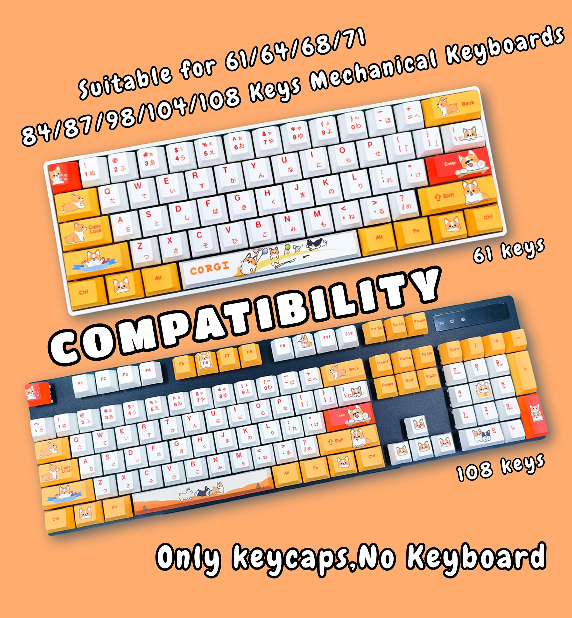POPKEEY Corgi Dog Japanese Keycaps for Cherry MX Switches Cute Pets Mechanical Gaming Keyboard, PBT Key Caps Set(Japanese Version)