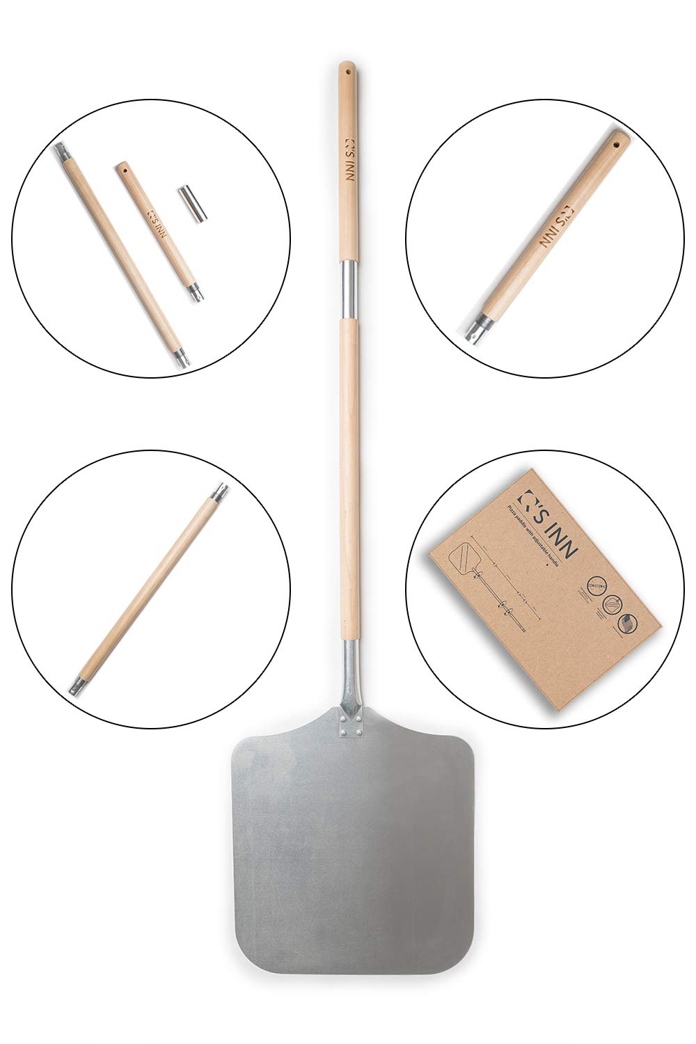 Perforated Pizza Peel, Professional 12 x 14 Inch Paddle Anodized Aluminum Turning Peel with detachable wood handle for Home Made Pizza By Q's INN.