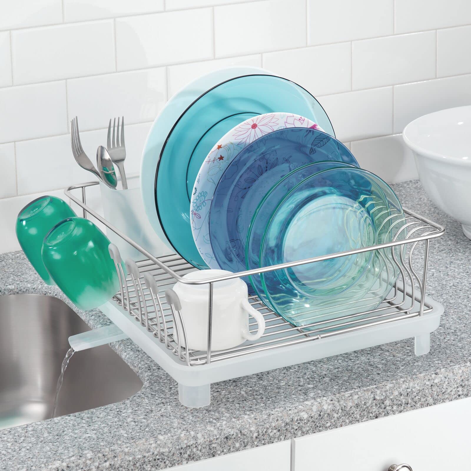 mDesign Alloy Steel Sink Dish Drying Rack Holder with Plastic Swivel Spout Drainboard Tray - Dish Rack/Dish Drainer Storage Organizer for Kitchen Counter - Concerto Collection, Chrome/Clear