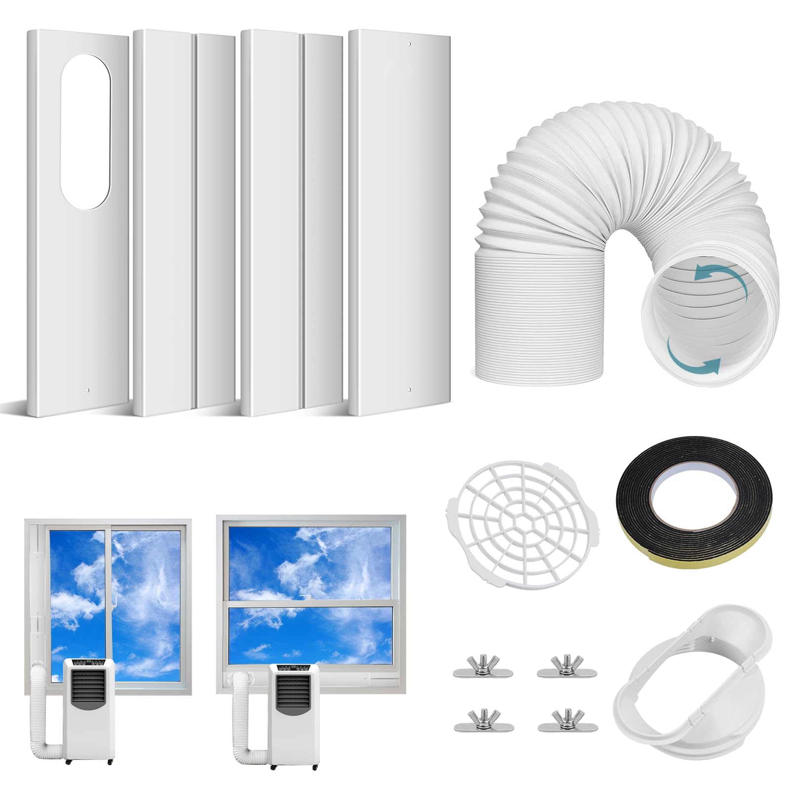 Portable Air Conditioner Window Vent Kit with 5.9" Exhaust Hose, Portable AC Seal Kit for Sliding Window with 4 Plates, Universal Coupler Fits 5.9 & 5.1 Inch Diameter Exhaust Hose