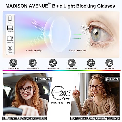 Madison Avenue Blue Light Blocking Glasses Oversized Fashion Blue Light Glasses for Women Anti Eyestrain & UV Protection Computer Eyeglasses(Black Grey)