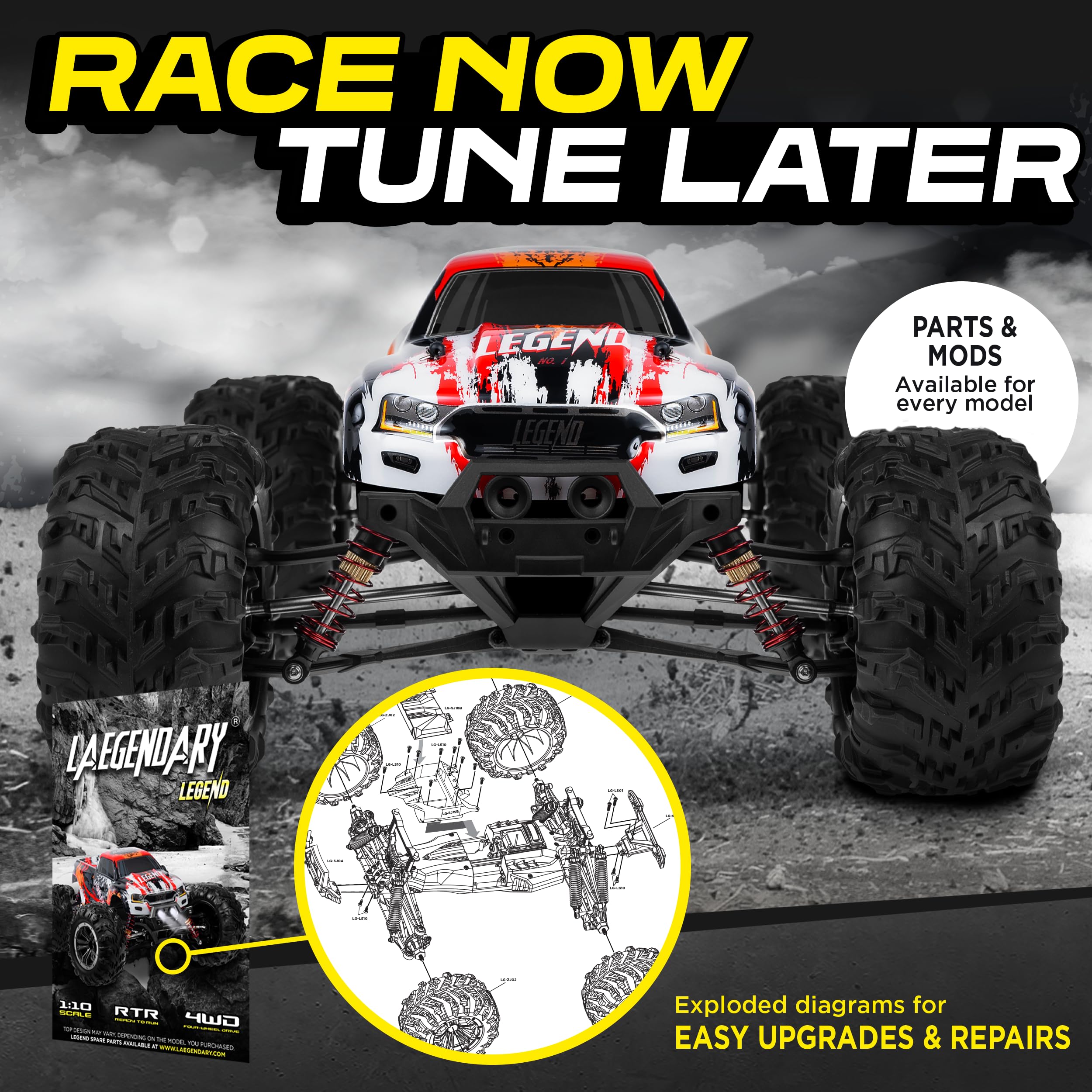 LAEGENDARY 1:10 Scale 4x4 Off-Road RC Truck - Hobby Grade Brushed Motor RC Car with Batteries, Waterproof Fast Remote Control Cars for Adults