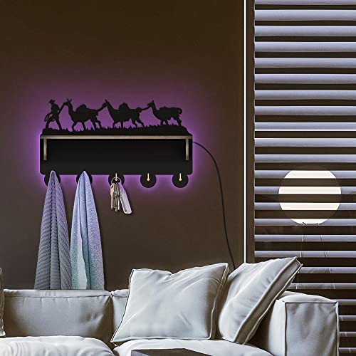 The Geeky Days Llama Desert Mammal LED Key Holder for Wall, Wooden Wall Mounted Hat Coat Rack with Mail Medal Organizer Shelf, 5 Metal Hooks Hanger, Remote Control 7 Color Light, for Home Decor