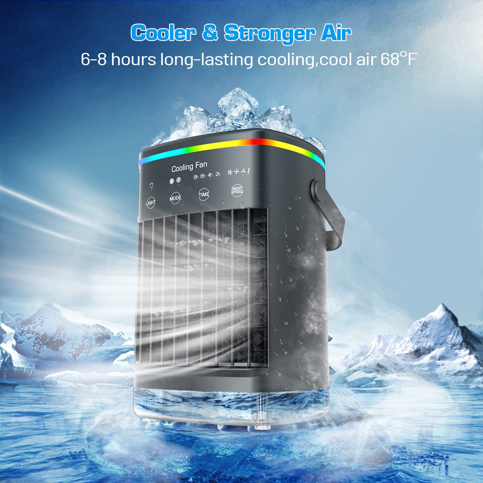 Portable Air Conditioners, Personal Cooling Fan Air Conditioner Portable with 4 Wind Speed & 2 Mist Level & 2-8H Timer & 7 LED Light Mini Evaporative Air Cooler for Home Office Room, Black