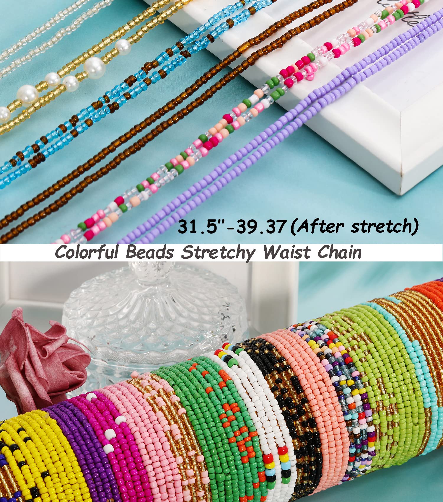 KOHOTA 32PCS Waist Bead for Women Summer Body Chain African Belly Beads Bikini Jewelry Colorful Stretchy Elastic String Chains (style-a)