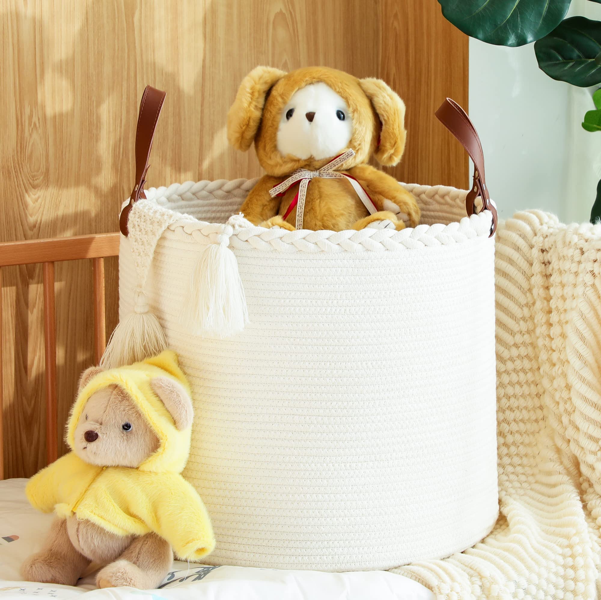KAKAMAY Large Cotton Rope Blanket Basket (18"x16"),Woven Baby Laundry Hamper,Blanket Basket for Nursery, Laundry, Living Room, Pillows, Toys with Leather Handles (White)