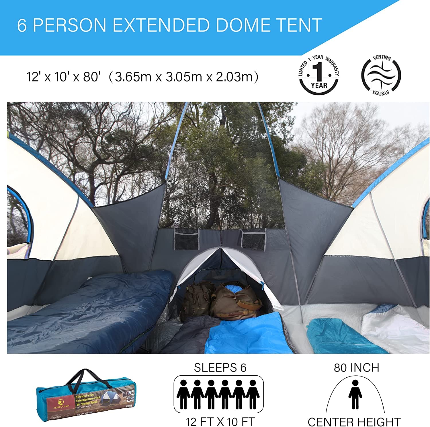 LET'S CAMP 6 Person Extended Dome Tent with Removable Rain Fly for Camping Hiking Outdoor - 12' x 10', Blue
