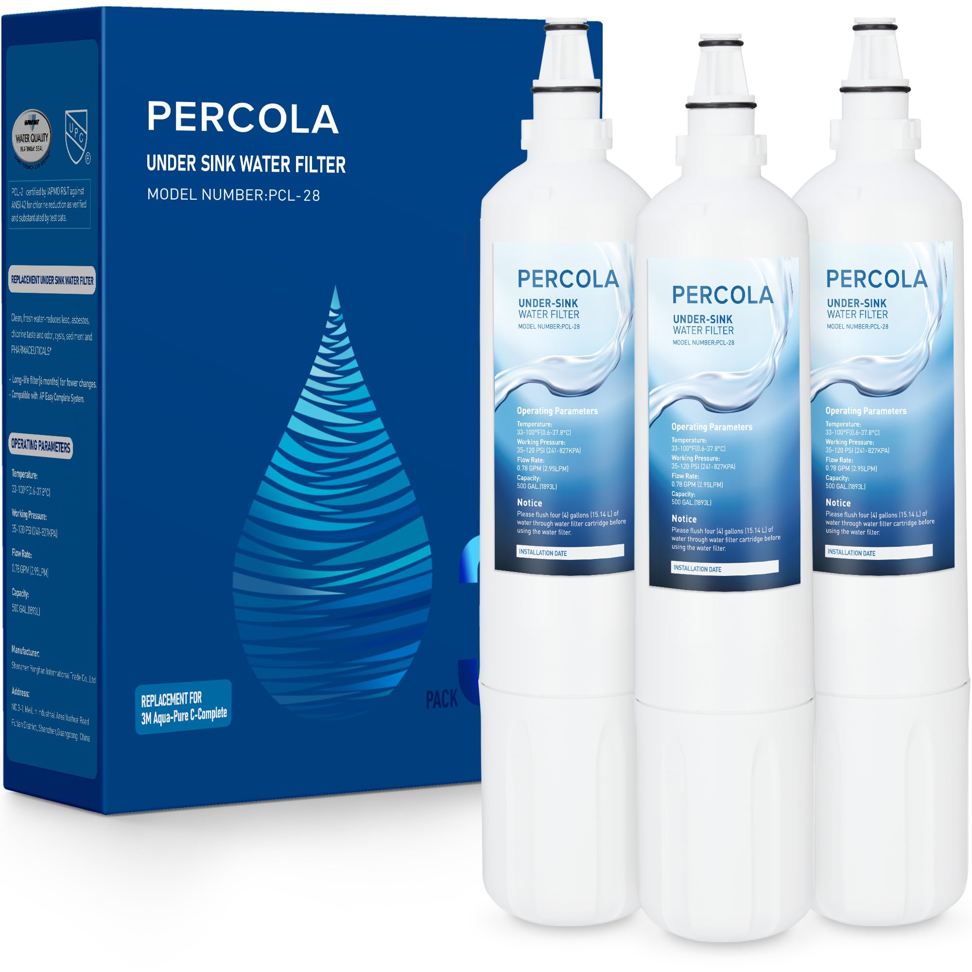 PERCOLA AP Easy C-Complete/Model A/C Under Sink Water Filter, Compatible with 3M Aqua-Pure AP Easy Complete System/USF-A/C Under Sink Filtration System 500 Gallons top(3 Pack)