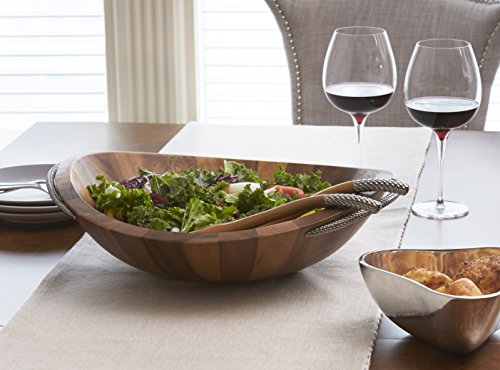 Nambe Braid Salad Bowl with Servers | 3-Piece Set | Large Wooden Serving Bowl for Caesar Salad, Large Salads | Big Salad Bowl with Serving Utensils | Made of Chrome & Acacia Wood (20” L x 16” W)