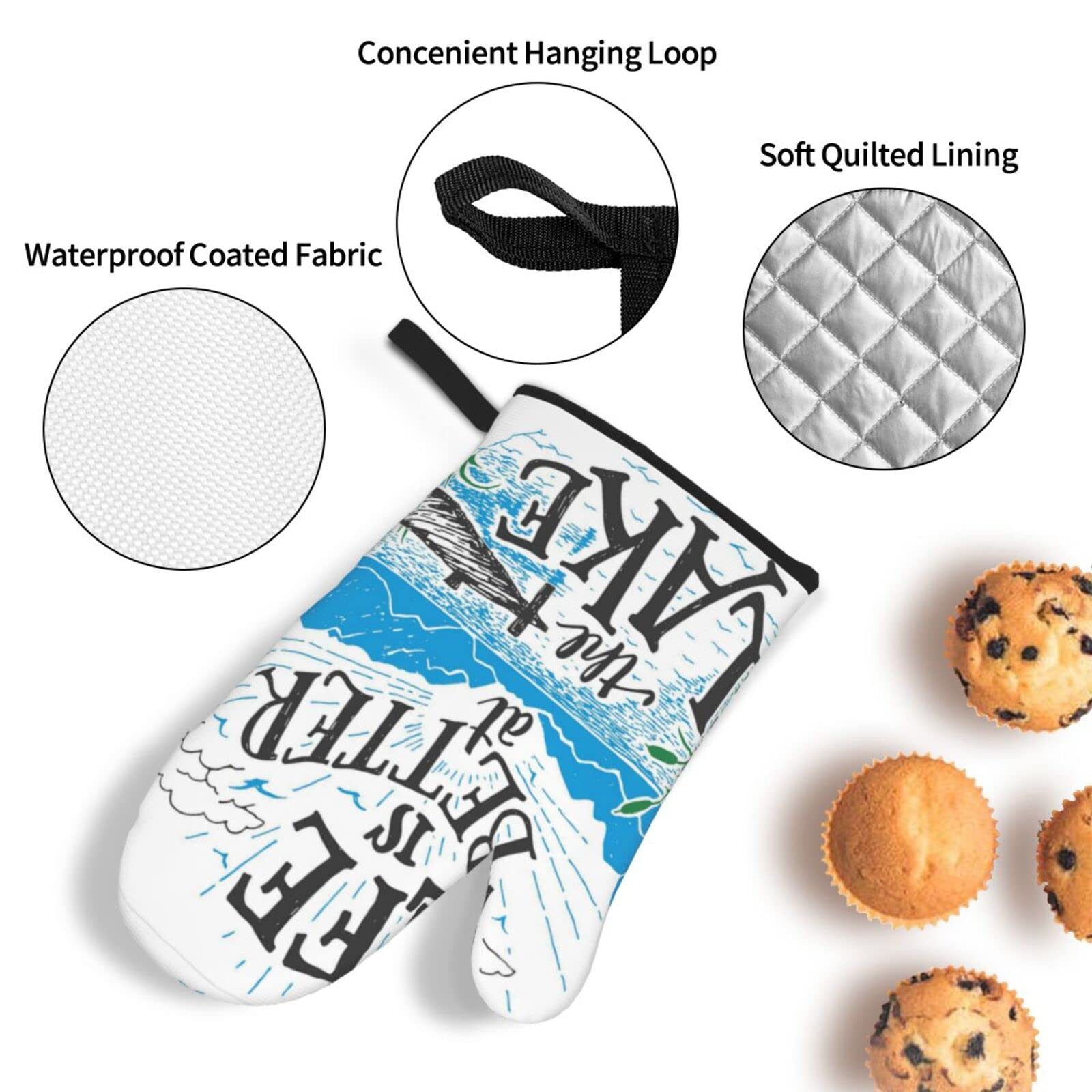 Life is Better at The Lake Pier Plants Mountains Oven Mitts and Pot Holders Sets of 4,Heat Resistant Kitchen Microwave Gloves and Pot Pads with Non-Slip Surface for Grilling Baking Cooking BBQ