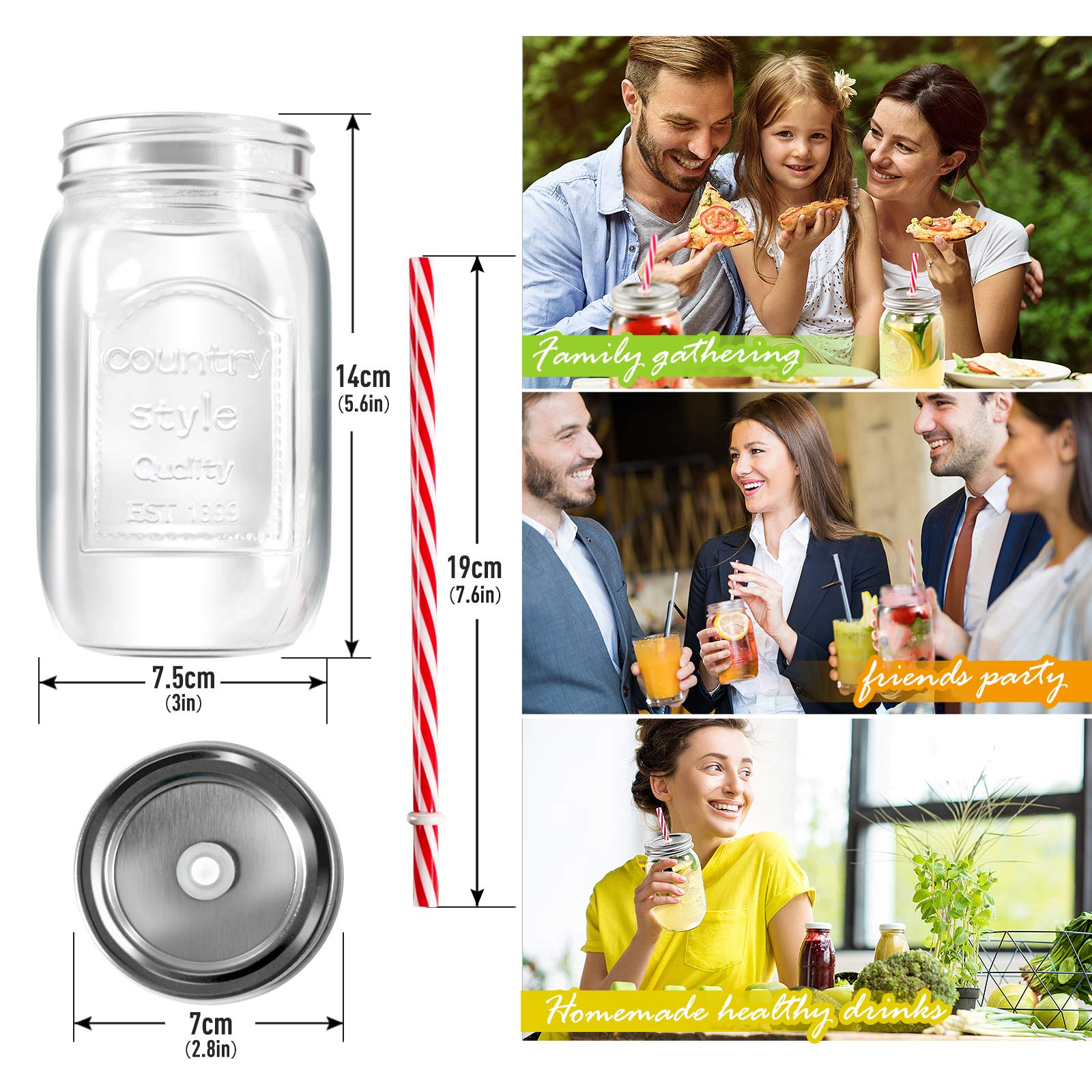 Masthome Regular Mouth Mason Jars 16oz, Drinking Glasses with 6 Extra Lids & 6 Reusable Straws, Glass Storage Jars for Canning, Preserving – Set of 6