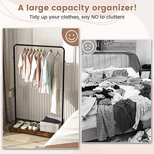 Tangkula Clothes Rack on Wheels, Industrial Pipe Style Rolling Garment Rack with Bottom Storage Shelf & 5 Hanging Hooks, Clothes Organizer with Sturdy Metal Frame for Bedroom Laundry Room