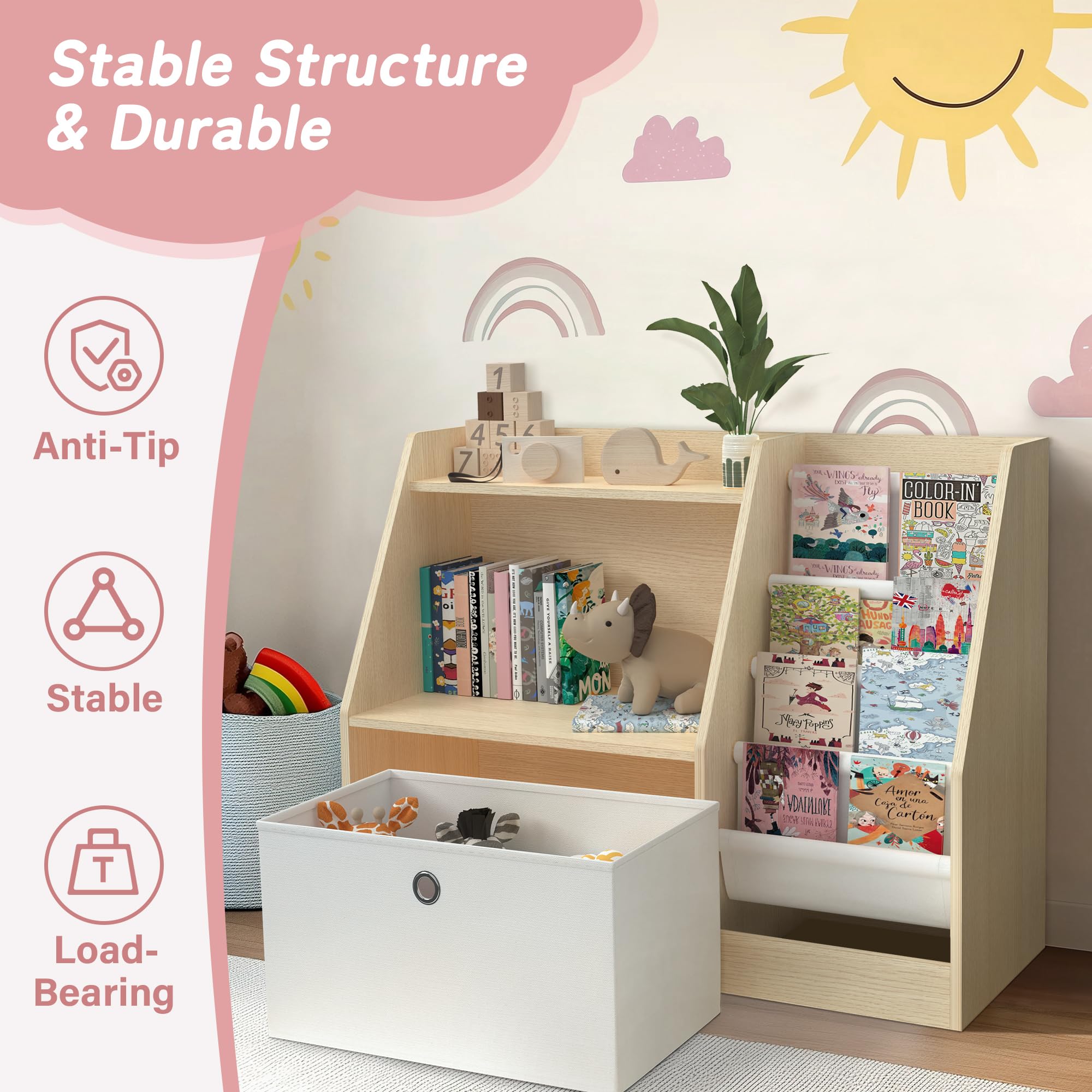 TOETOL Kids Bookshelf & Book Storage,4 Sling Wooden Toddler Book Shelf,2-Tier Wooden Open Bookcase & Storage Organizer Boxes for Nursery, Playroom, Bedroom