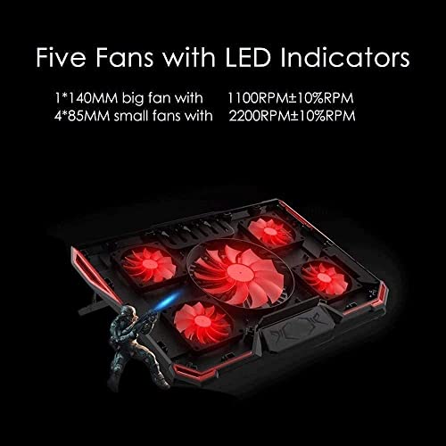Laptop Cooling Pad, 5 Quiet Fans Cooler Pad, Portable Ultra-Slim Quiet Laptop Notebook Cooler Cooling Pad Stand with 2 USB Powered Fans, Adjustable Mount Stand Height Angle, Fits 17 Inches