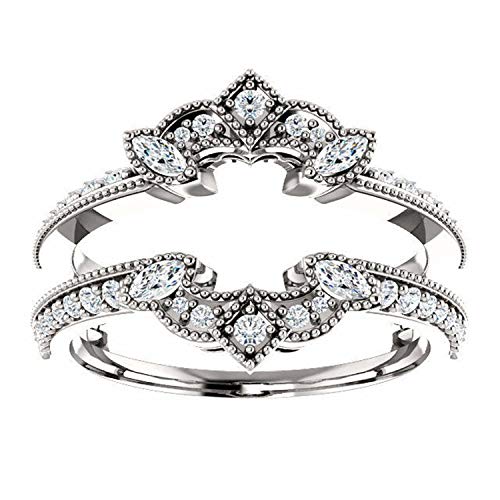 IRA 14K White Gold Plated in 925 Sterling Silver Round & Marquise 0.50 ct CZ Diamond Millgrained Wedding Band Enhancer Guard Ring For Womens (9)