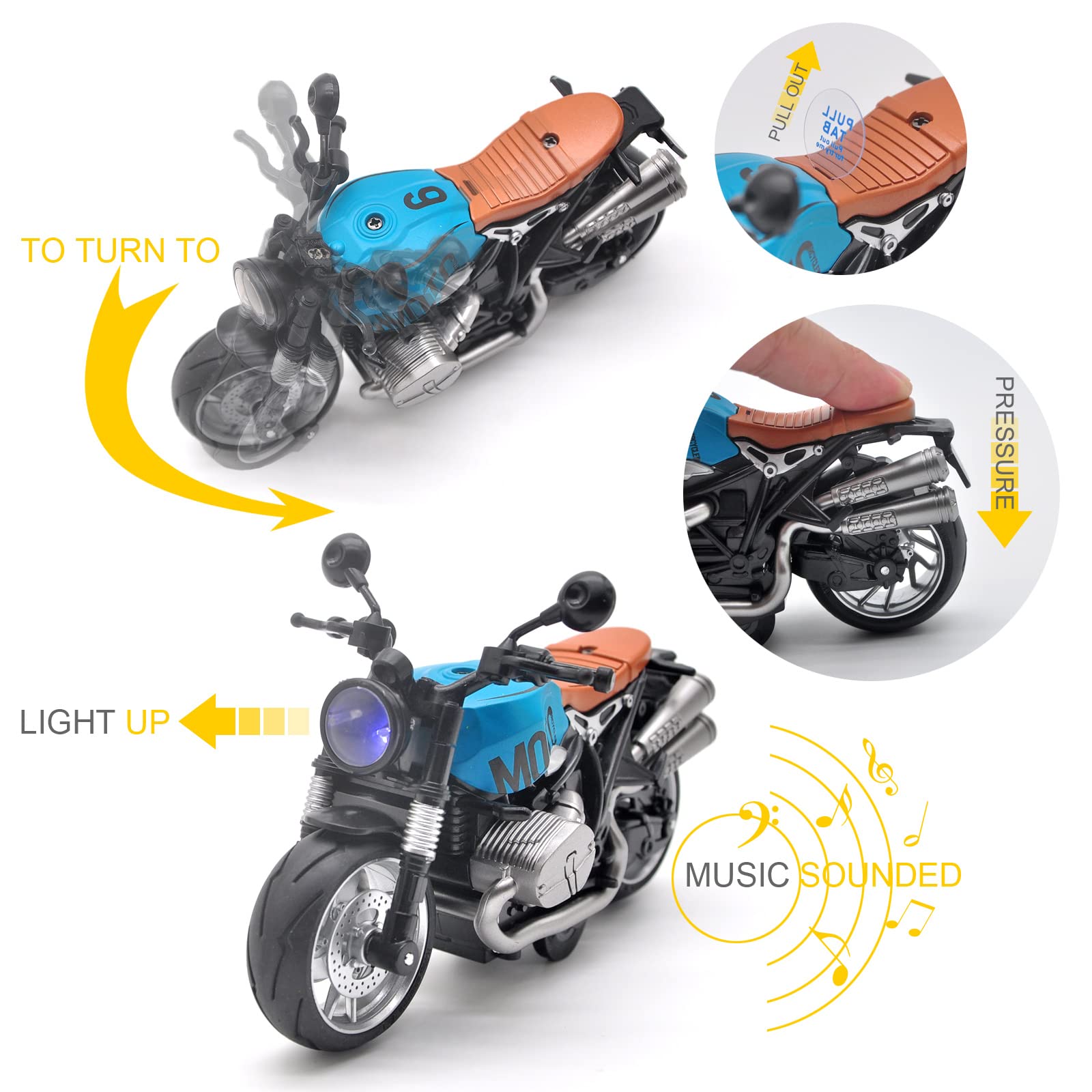 Motorcycle Toys for Kids - Pull Back Toy Motorcycle Model 1/12 Scale with Lights and Sounds, Die-Cast Motorcycles Toy for Boys Kids Age 3-12 Year Old (Blue)