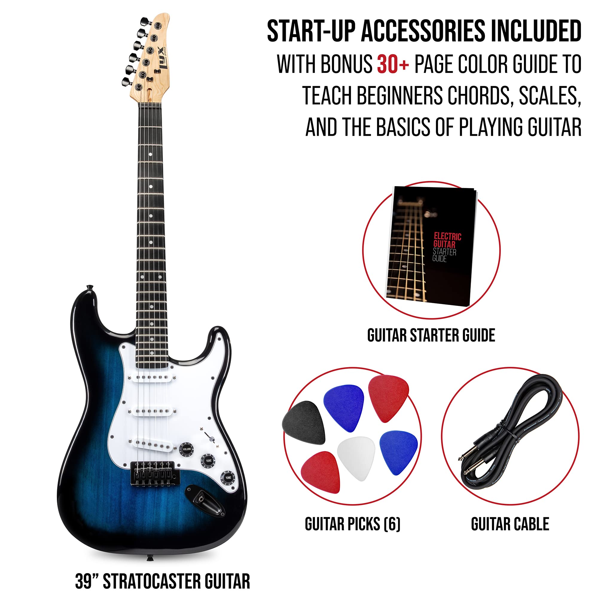 LyxPro CS 39” Electric Guitar Kit for Beginner, Intermediate & Pro Players with Guitar, Amp Cable, 6 Picks & Learner’s Guide | Solid Wood Body, Volume/Tone Controls, 5-Way Pickup - Blue