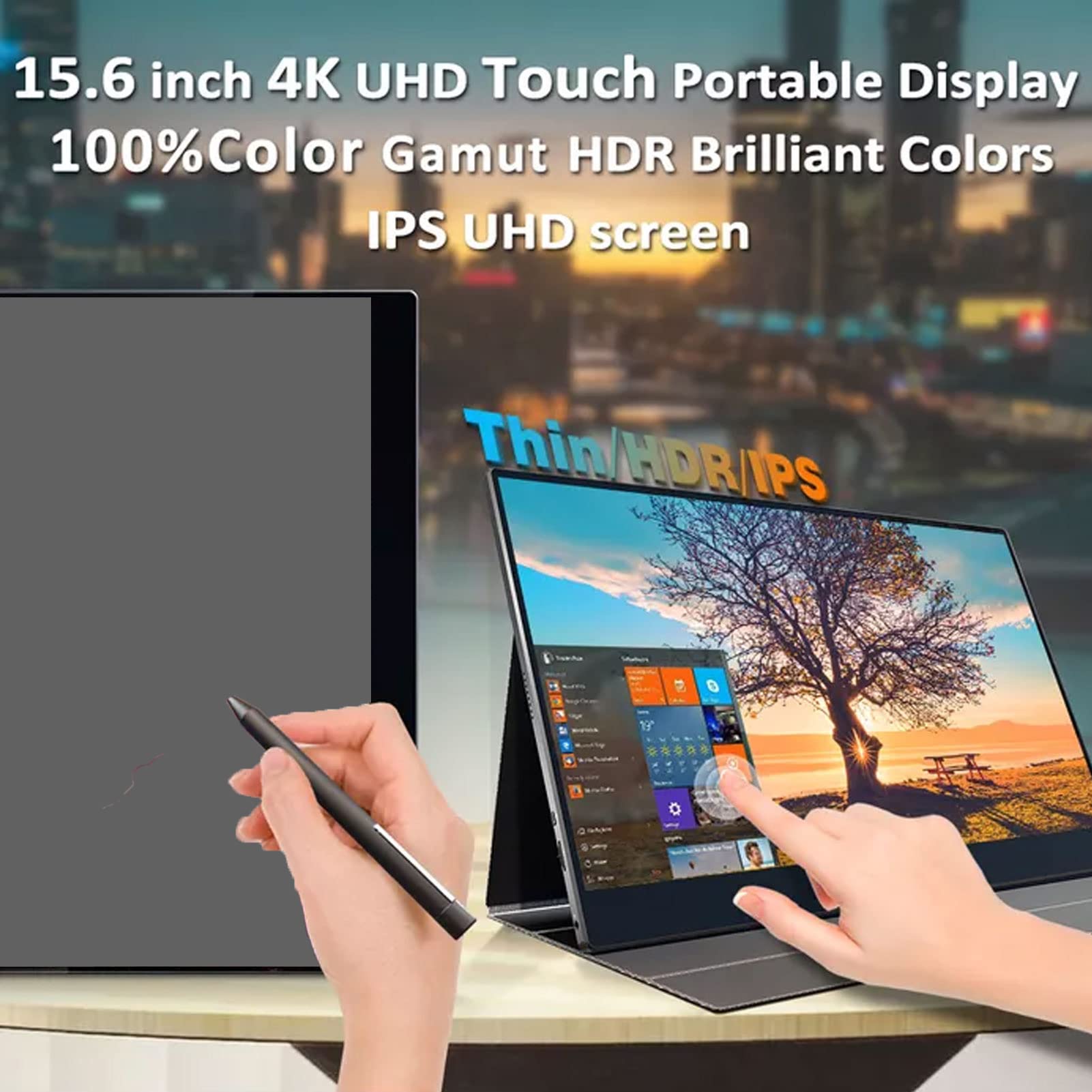 Portable 4K Display 15.6 Inch Portable Monitor Wide Stand Wireless Screen Projection with Ultranarrow Frame for Entertainment (US Plug)