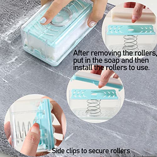 Laundry Soap Dish with Roller Soap Organizer Multifunctional Soap Lathering Box With Drainage Hole and Drip Tray 2-in-1 Soap Lather Laundry Box Help to Use and Store Soap For Bathrooms Kitchens (blue)