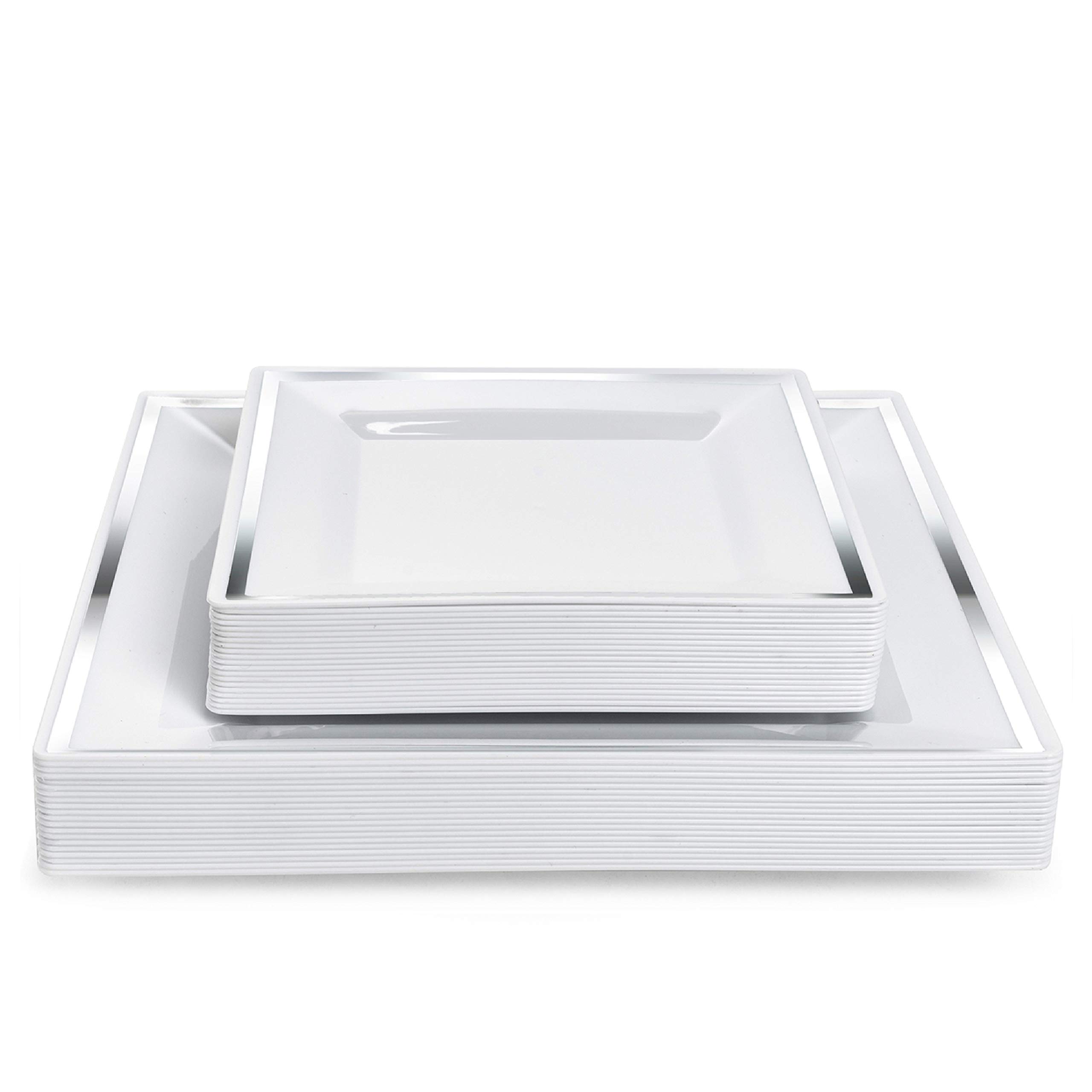 MATANA 40 Fancy White Plastic Plates for Party with Silver Rim - Heavy Duty Square Dinner Plates 9.5" Inch x 20, Salad & Dessert Plates 6.5" Inch x 20 for Wedding Reception, Birthday Parties & Events